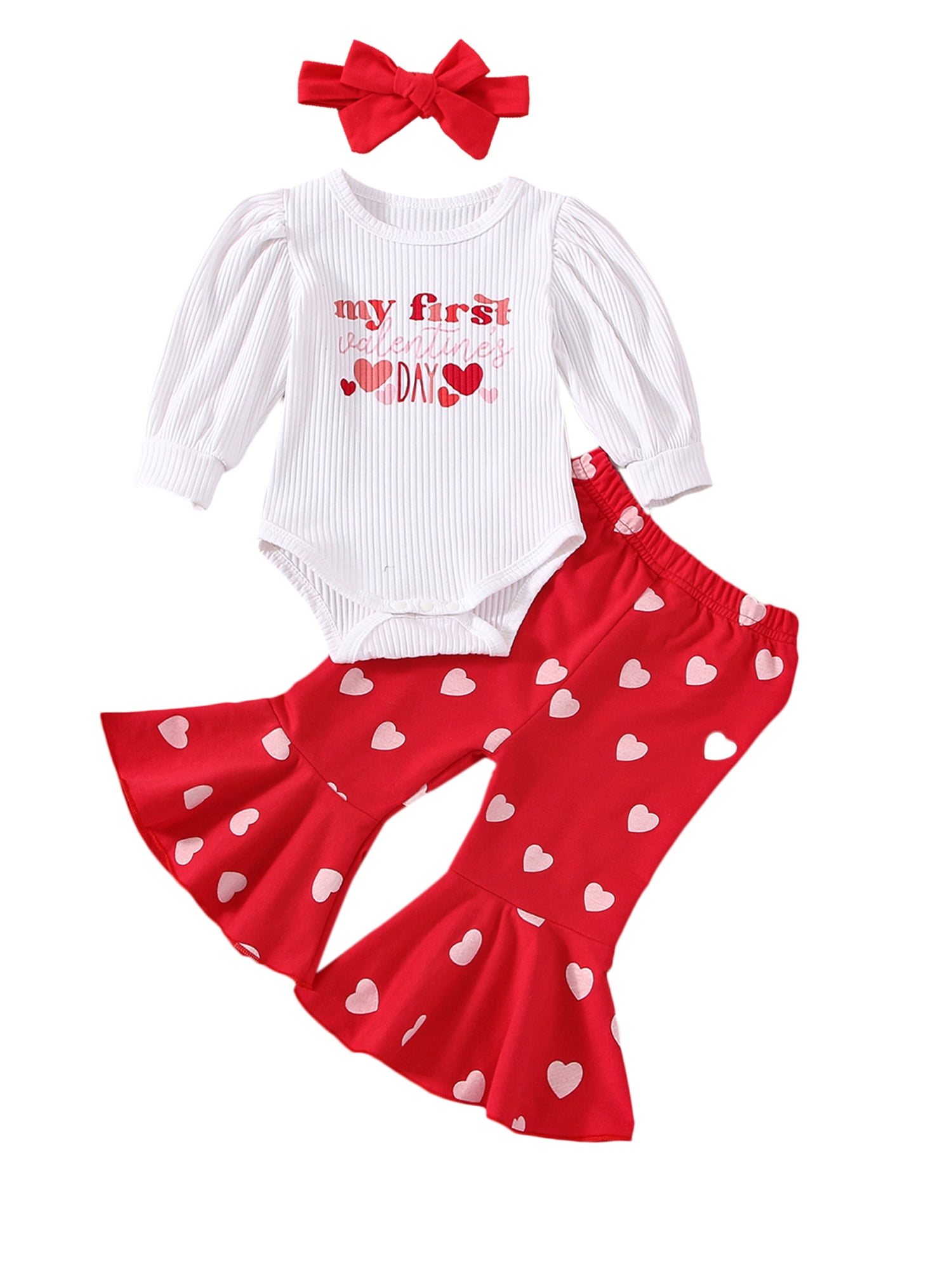 Sunisery My First Valentines Day Baby Girl Outfit Heart Onesie+Bell Bottoms+Headband Newborn ...