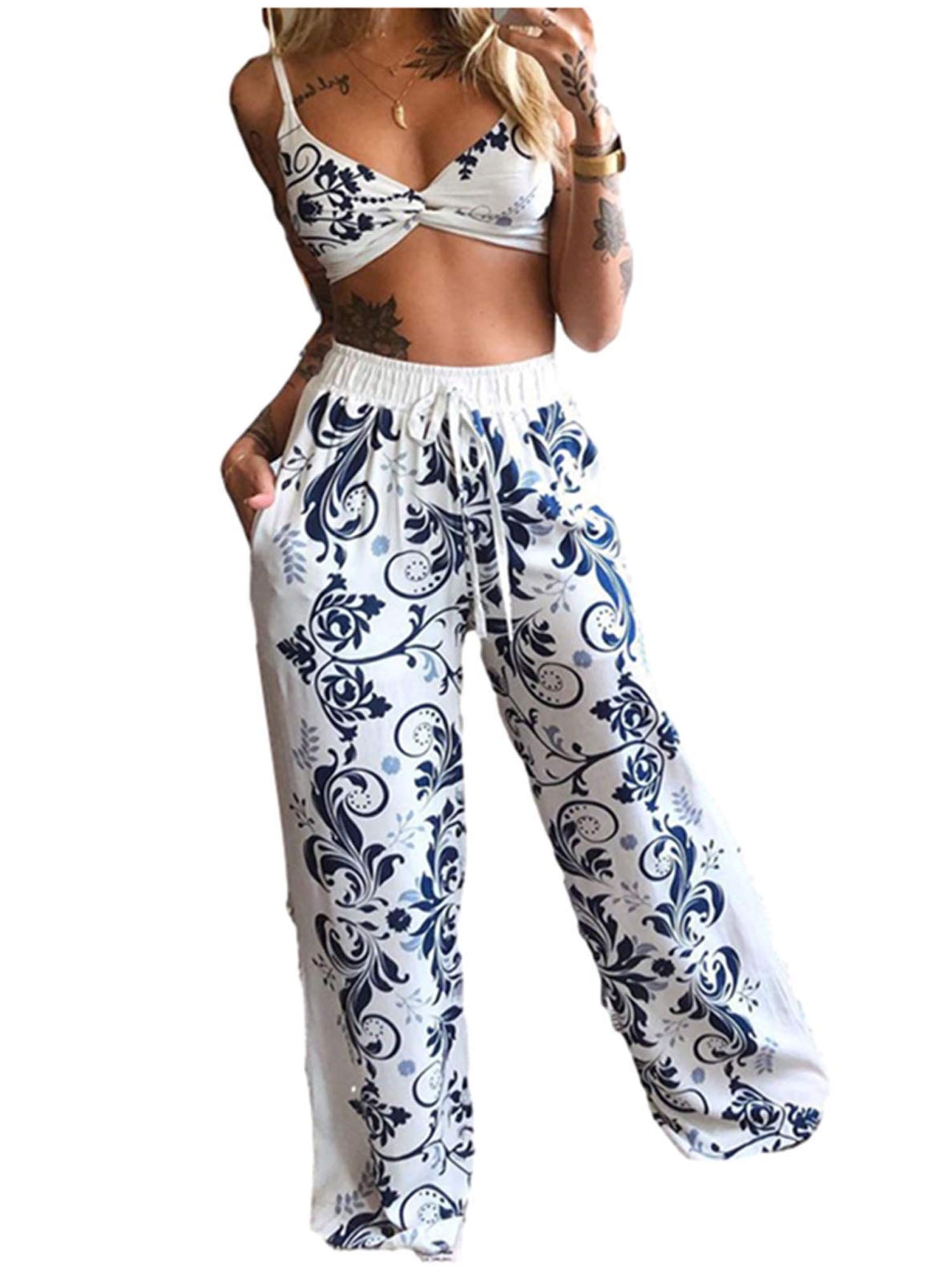 Sunisery Women Bohemian Outfits Summer Crop Tank Tops Long Wide Leg
