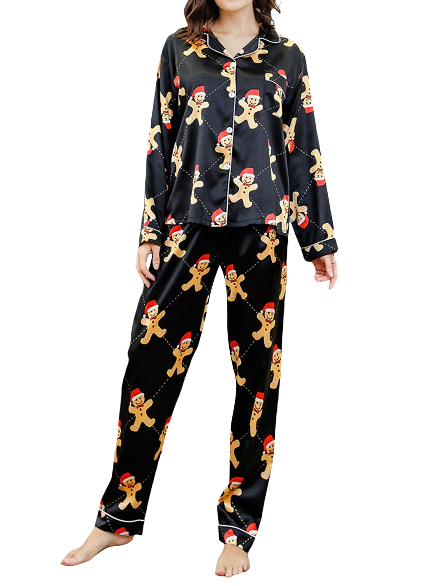 Sunisery Women Christmas 2Pcs Pajamas Satin Gingerbread Man/Santa Print ...