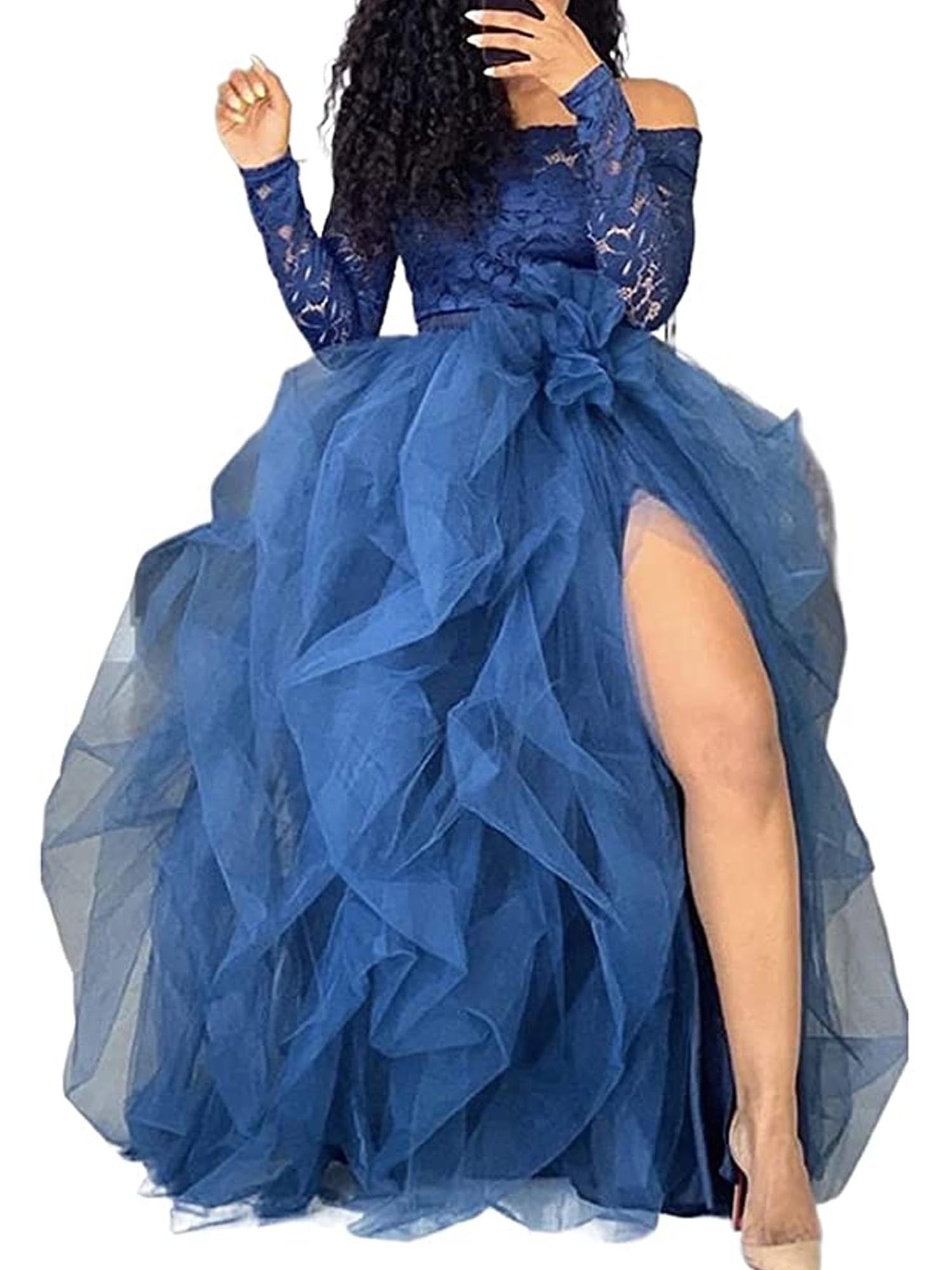 Sunisery Women Hi Slit Tutu Maxi Dress Tulle Ruffle Mesh Lace Long ...