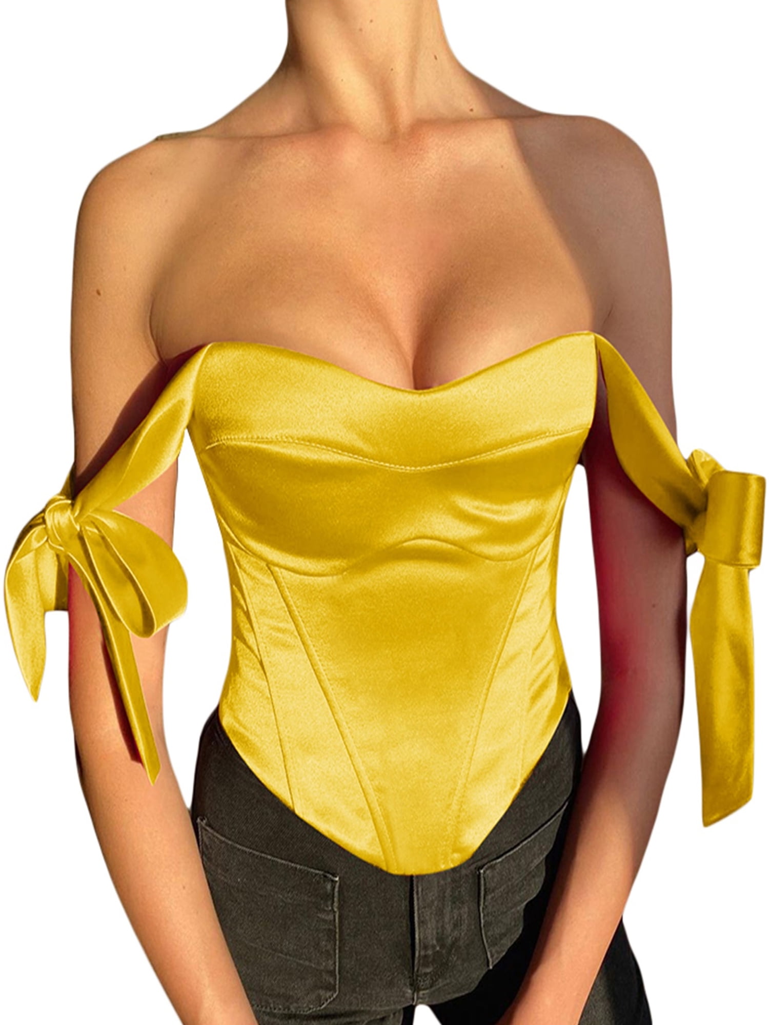 Sunisery Women Vintage Corset Crop Top Bow Tie Strap Stain Push Up