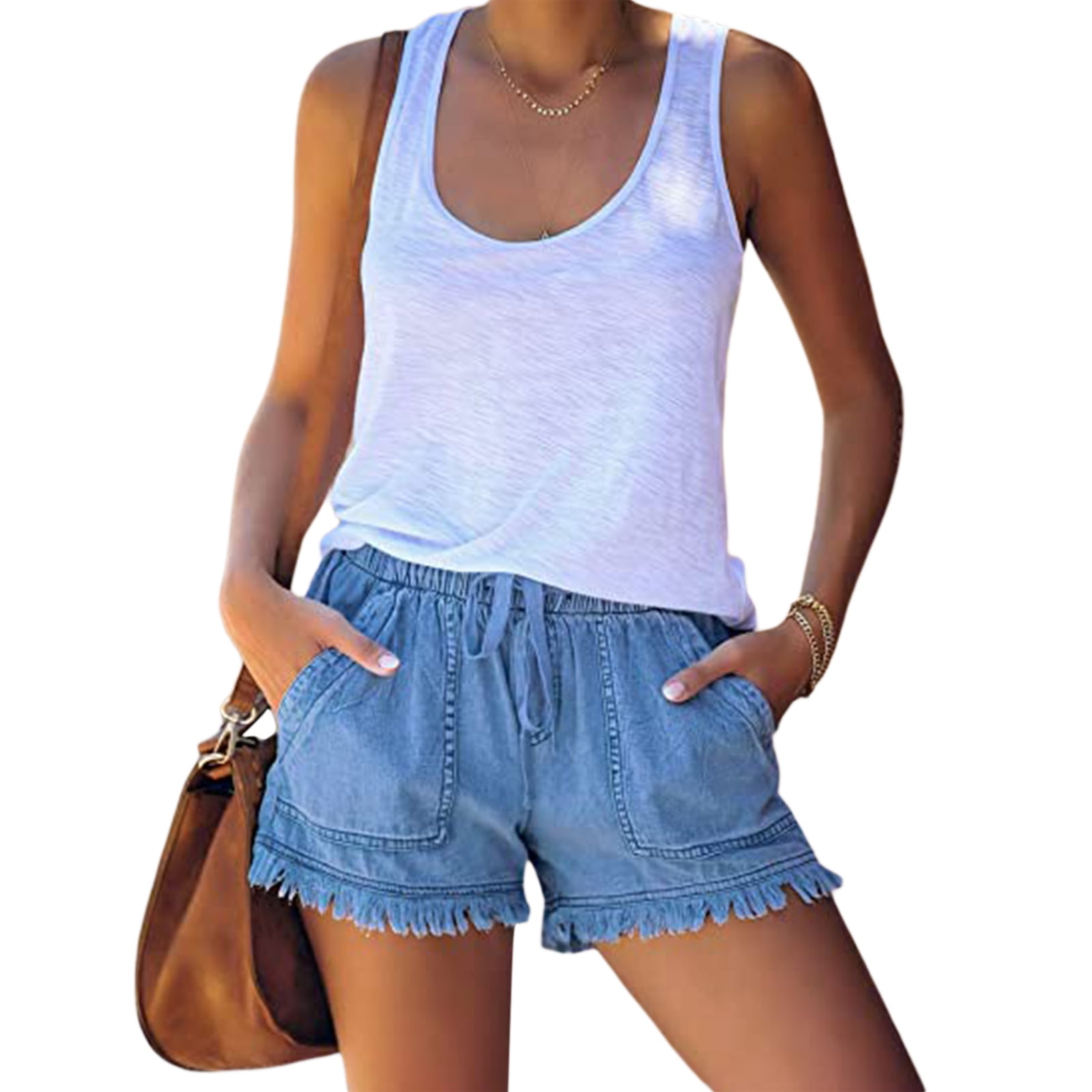 Sunisery Women Washed Denim Shorts Drawstring Elastic Waist Loose Short ...