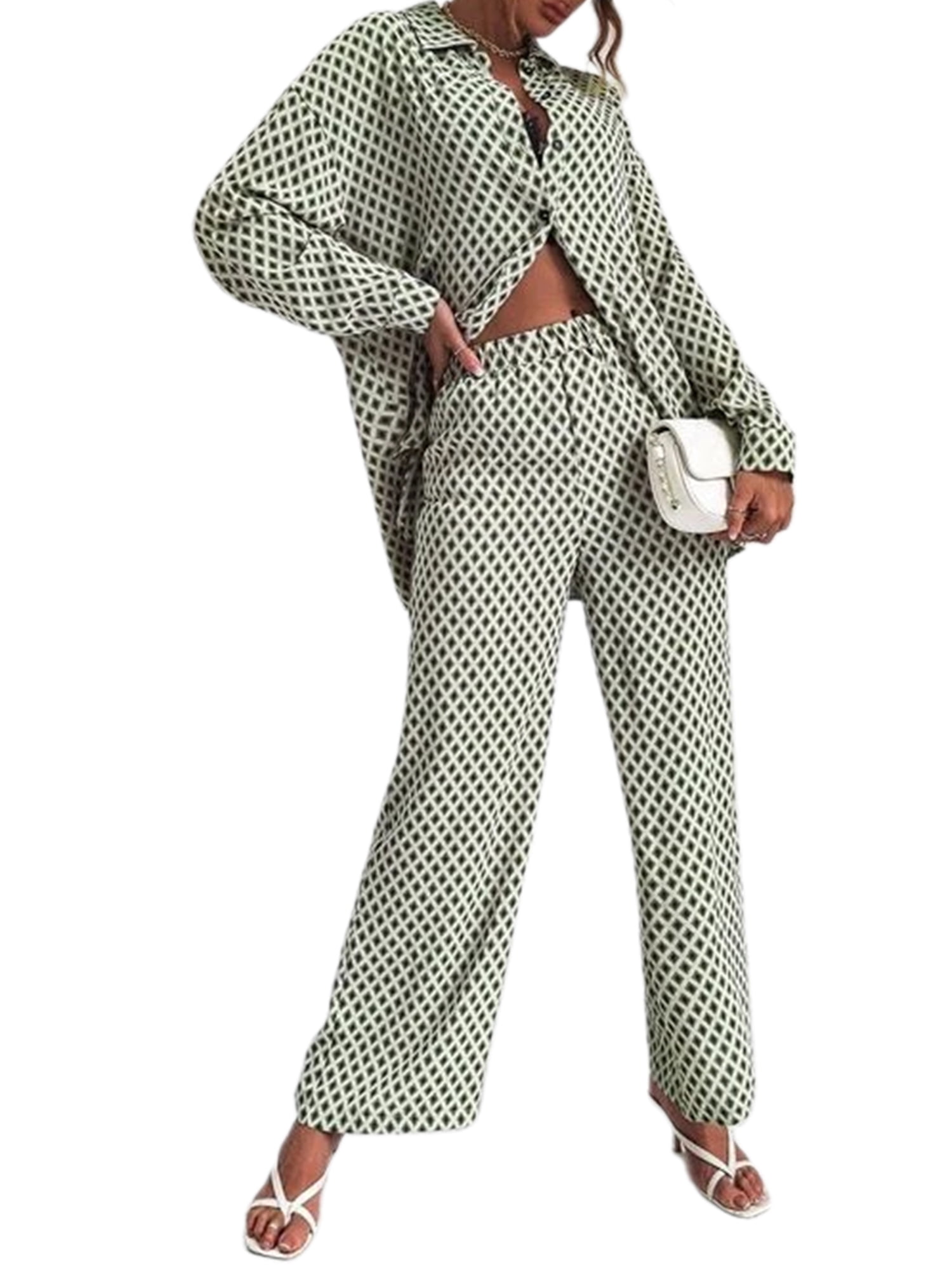 Sunisery Women Y2K 2 Piece Pants Set Oversized Printed Button Down ...