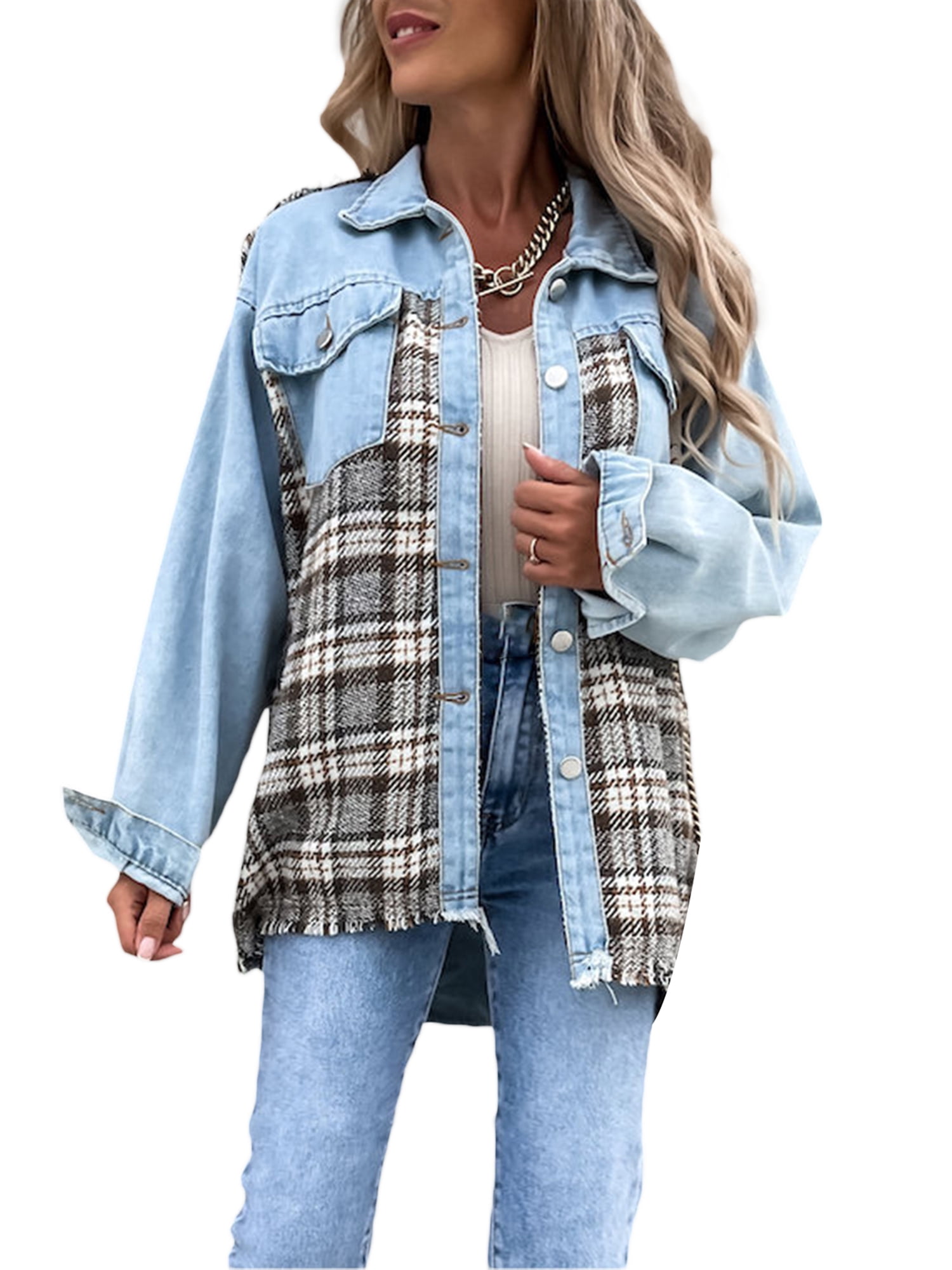 Sunisery Women's Plaid Patchwork Denim Jacket Long Sleeve Button Up ...