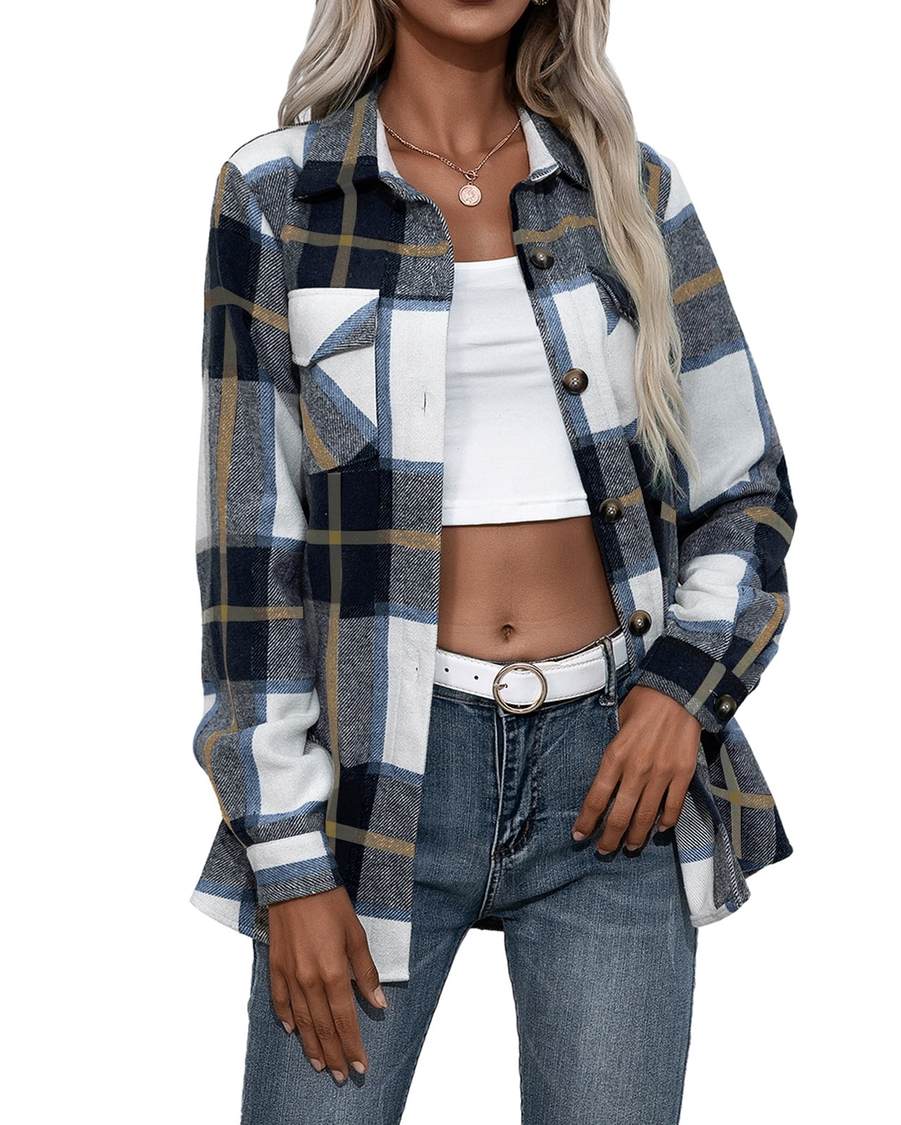Sunisery Women's Plaid Shacket Jacket Flannel Long Sleeve Shirt Lapel ...