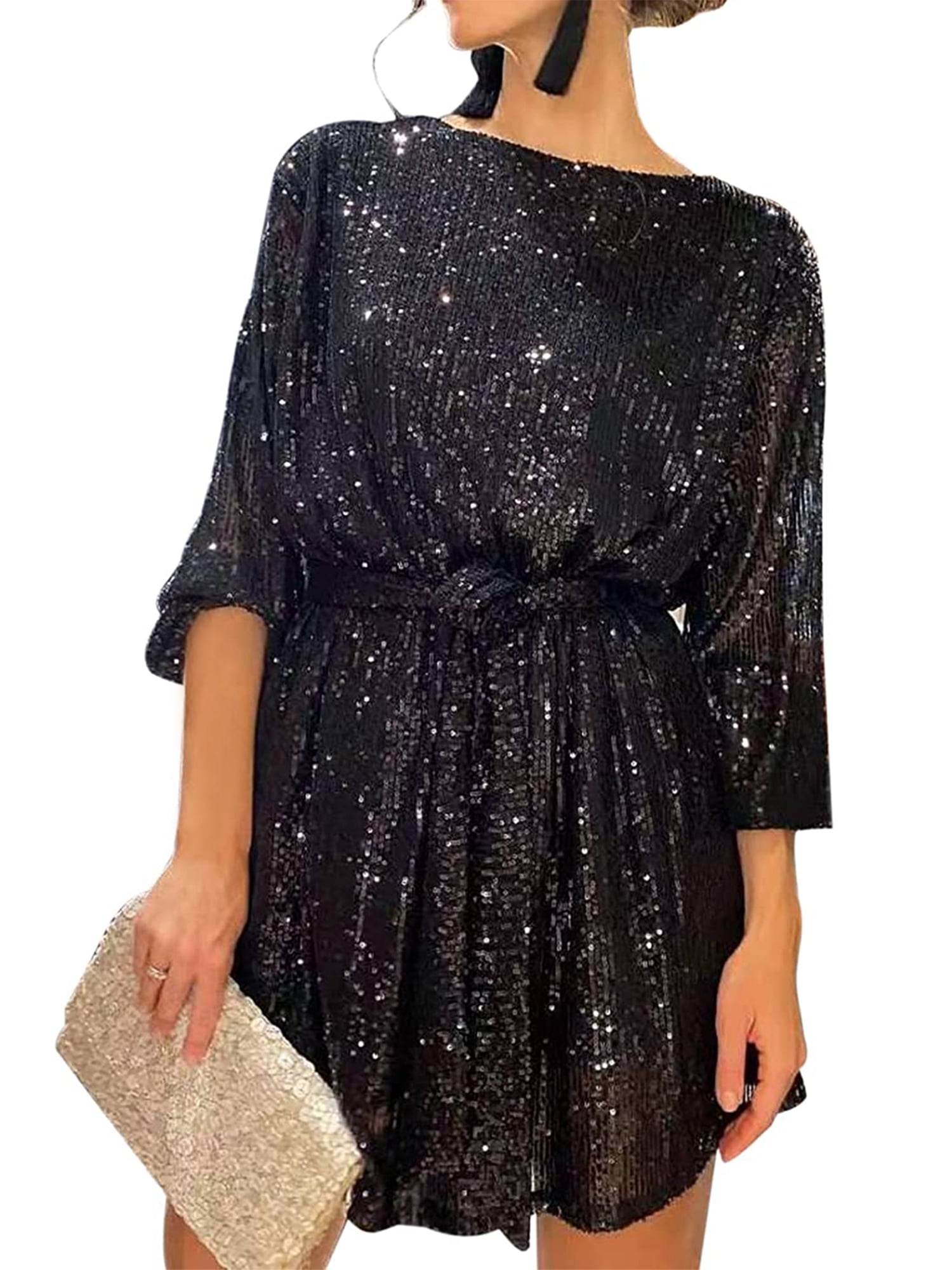 Sunisery Women's Sequin Party Dress Sparkle Long Sleeve Crew Neck Short ...