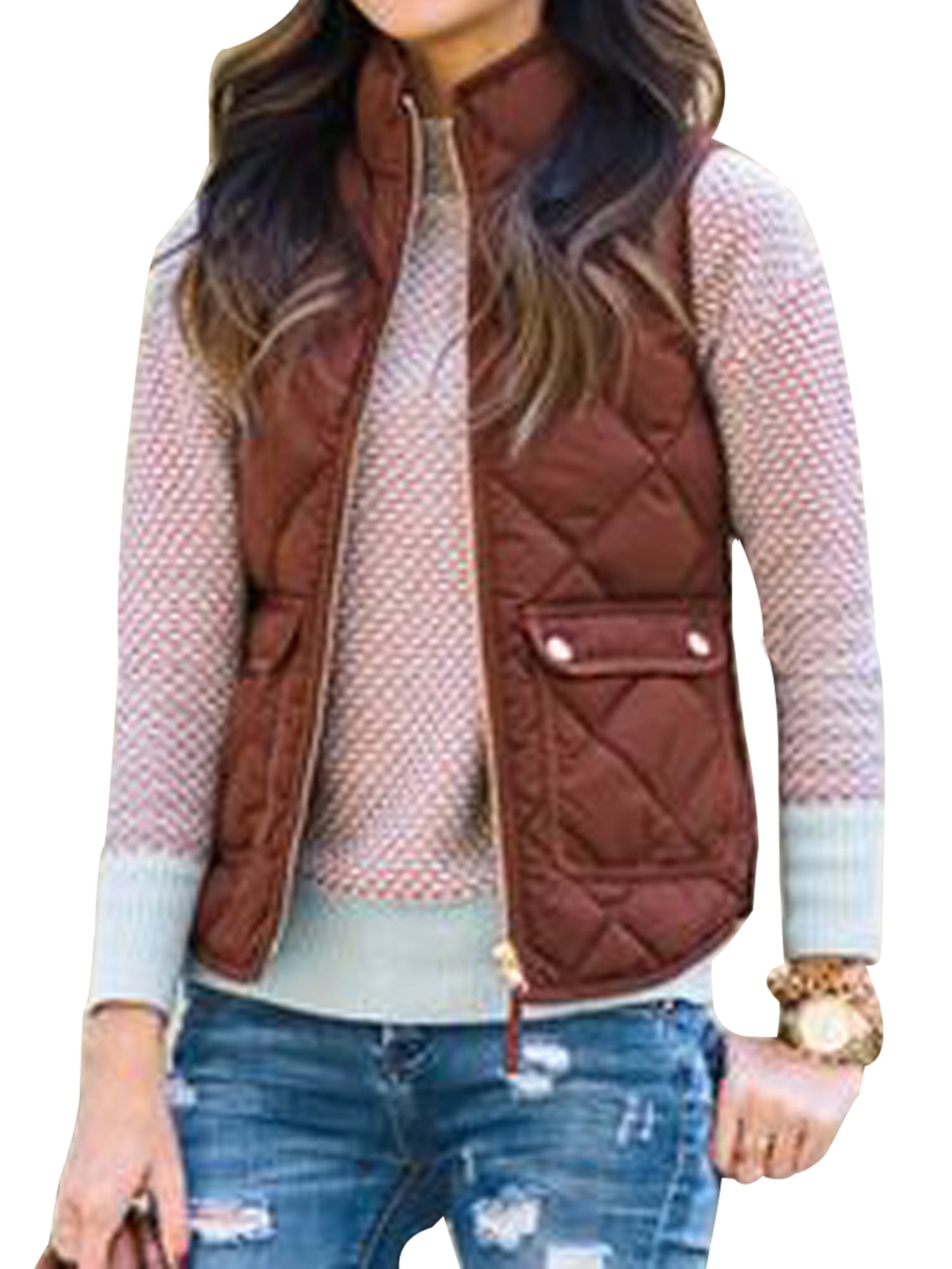 Sunisery Women's Stand Collar Warm Padded Zip Closure Side Pockets ...
