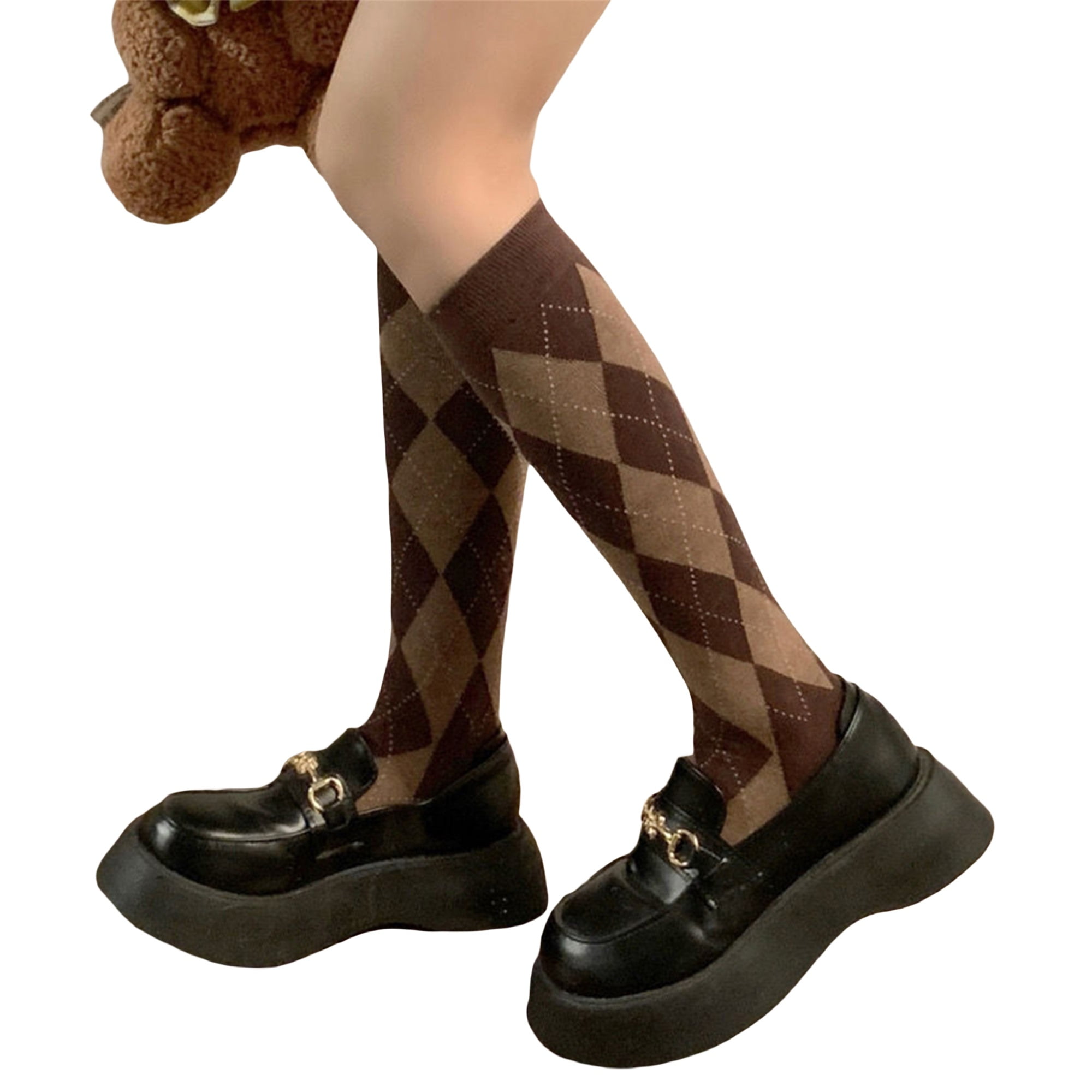 Sunisery Womens Knee High Socks Novelty Harajuku Diamond Grid Knit Boot ...