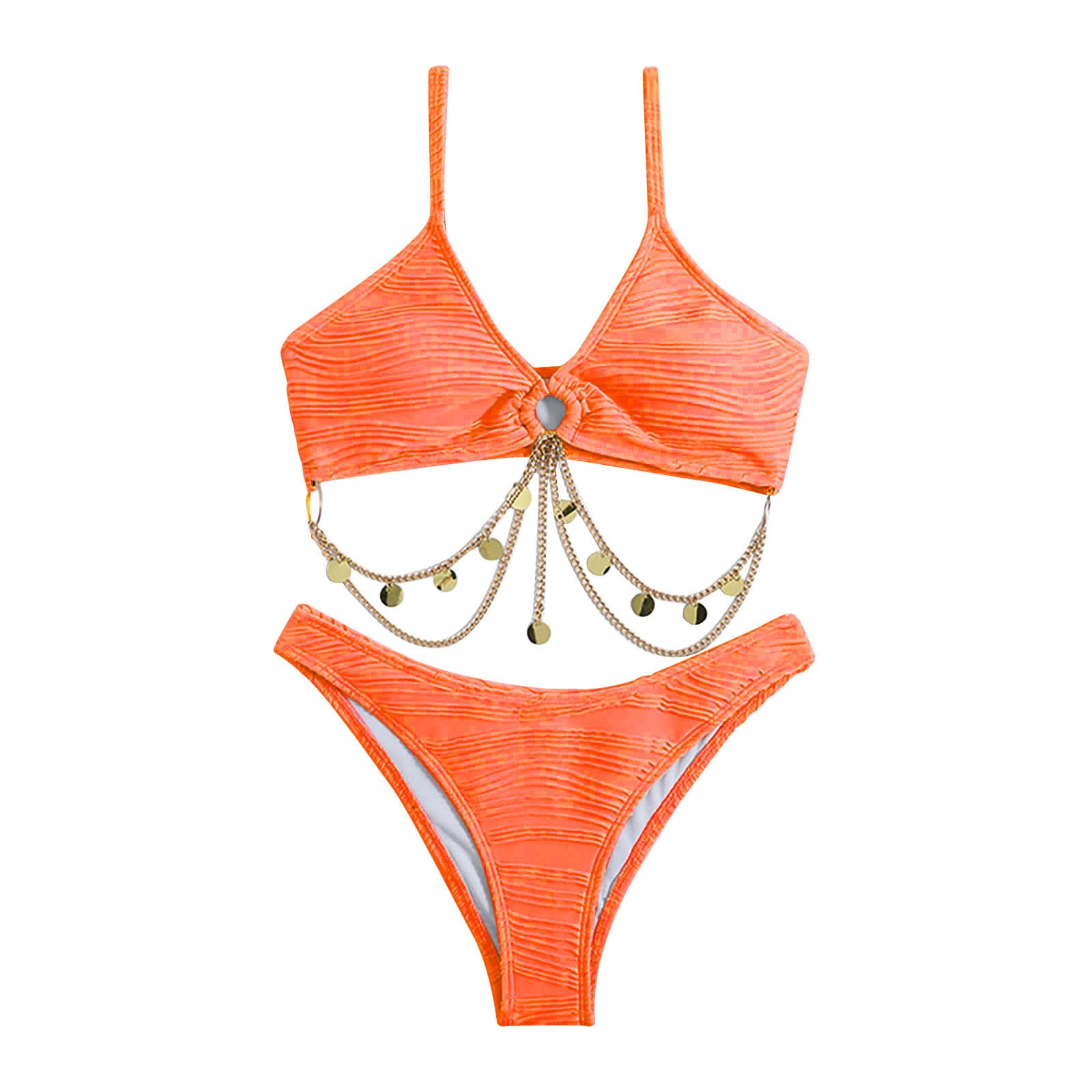 Sunizaiyi Pleated Fabric Two Piece Low Waisted Basic Swimsuit Sexy Chain Swimsuit Solid Color