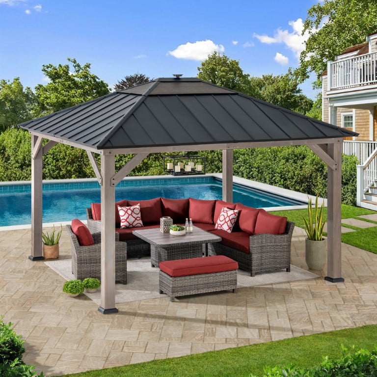 Sunjoy 11’ x 13’ Grayden Wood Gazebo , Outdoor Patio Solar Powered ...
