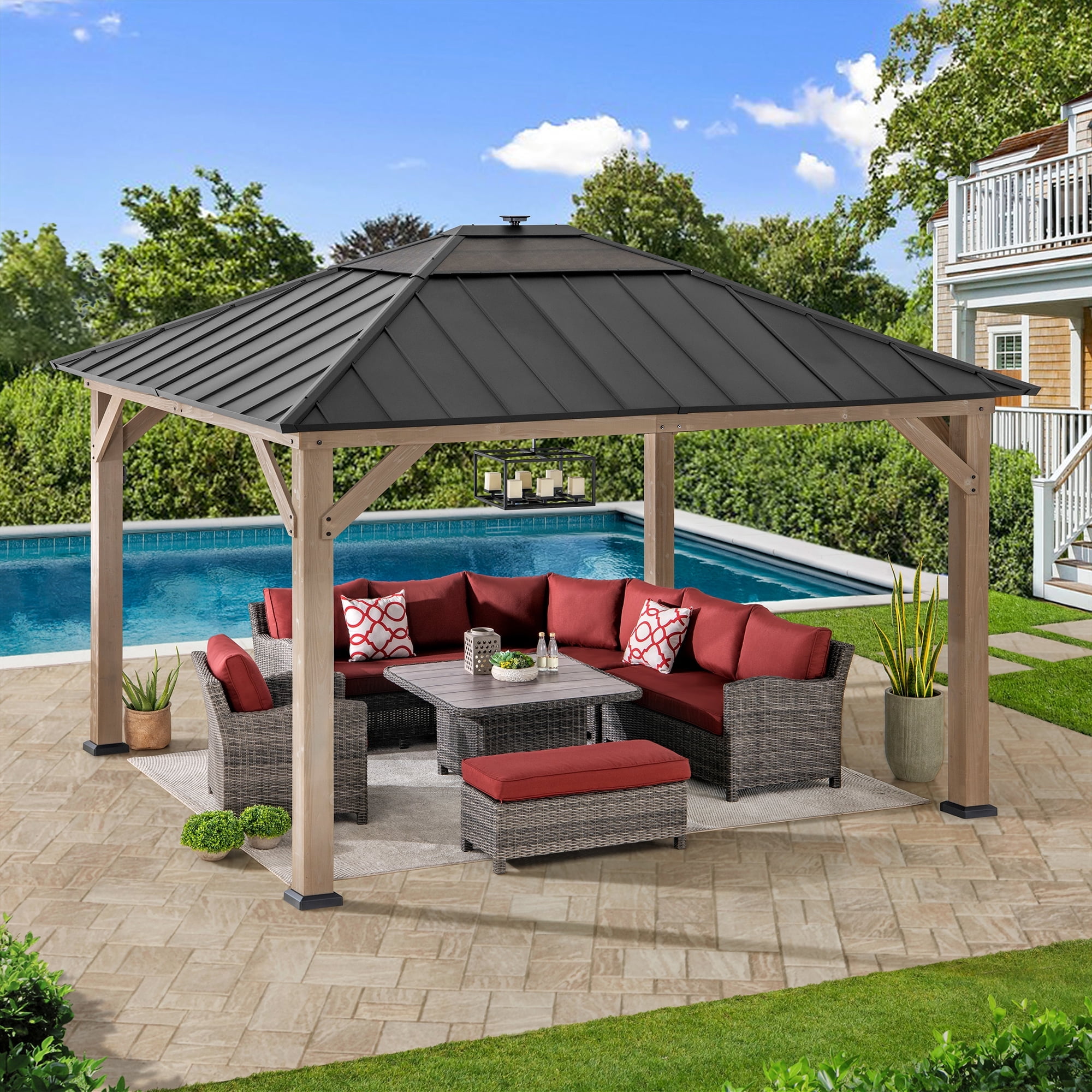 Sunjoy 11’ x 13’ Grayden Wood Gazebo , Outdoor Patio Solar Powered ...