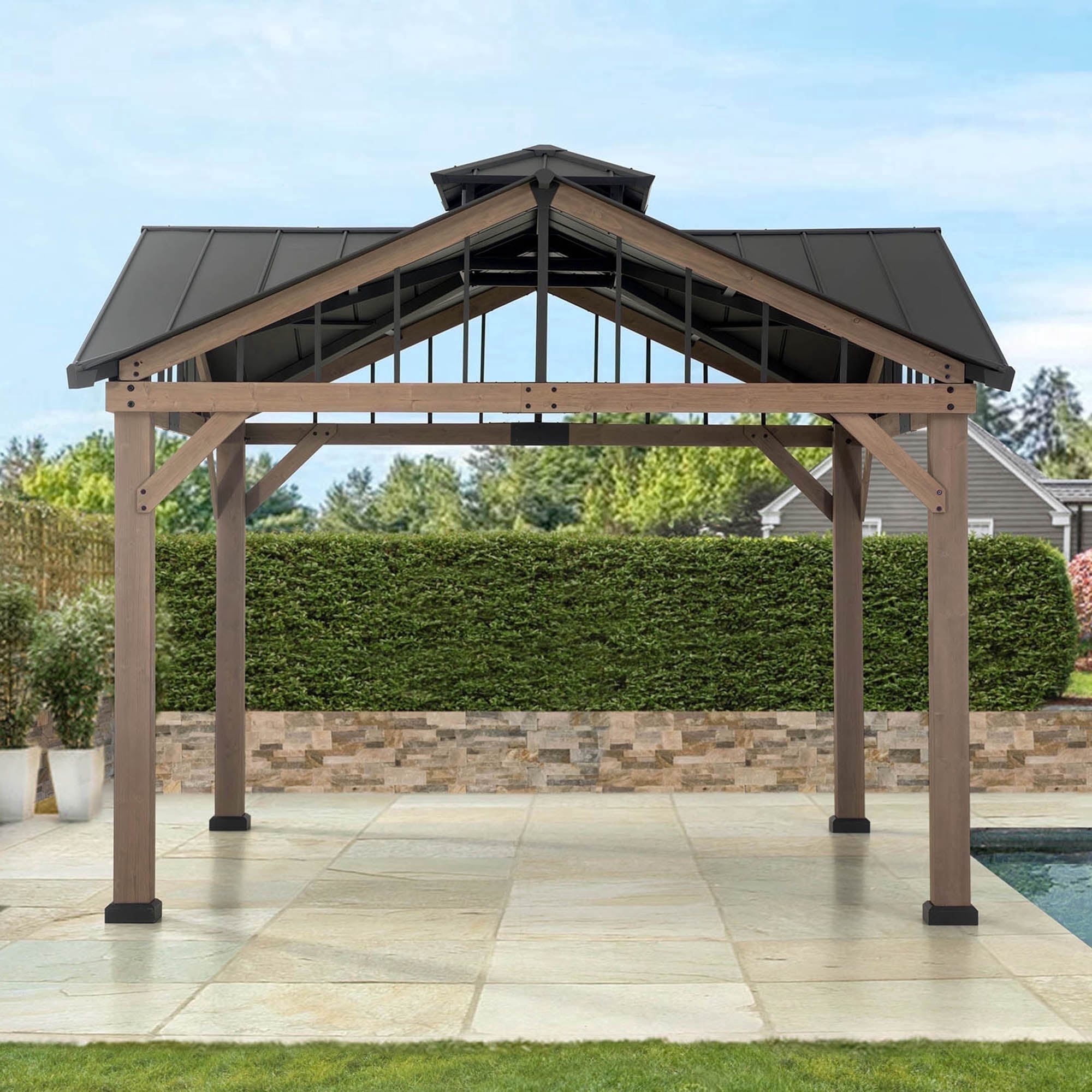 Sunjoy Solid Cedar Hard Top Patio Roof, Roanforth 12x12x11 Outdoor ...