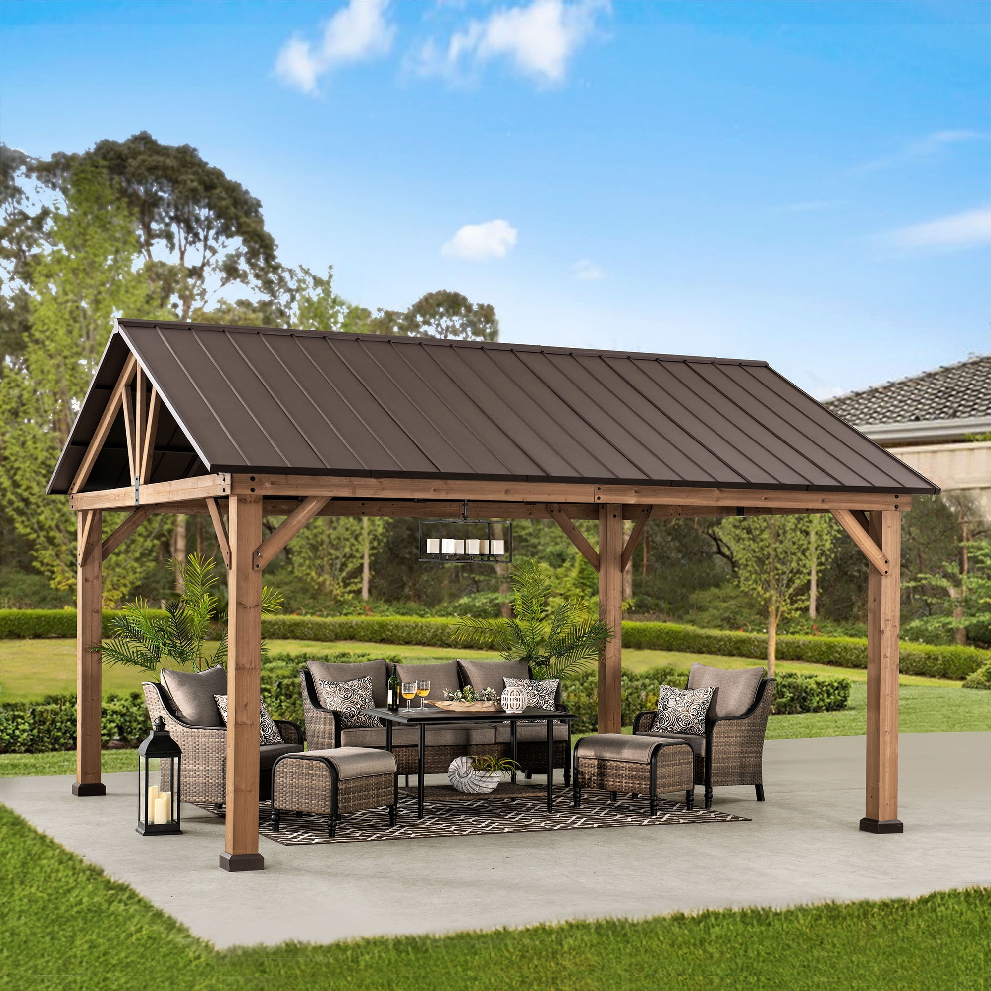 Sunjoy 13x15 ft. Hardtop Cedar Permanent Gazebo, Brown Steel Roof ...
