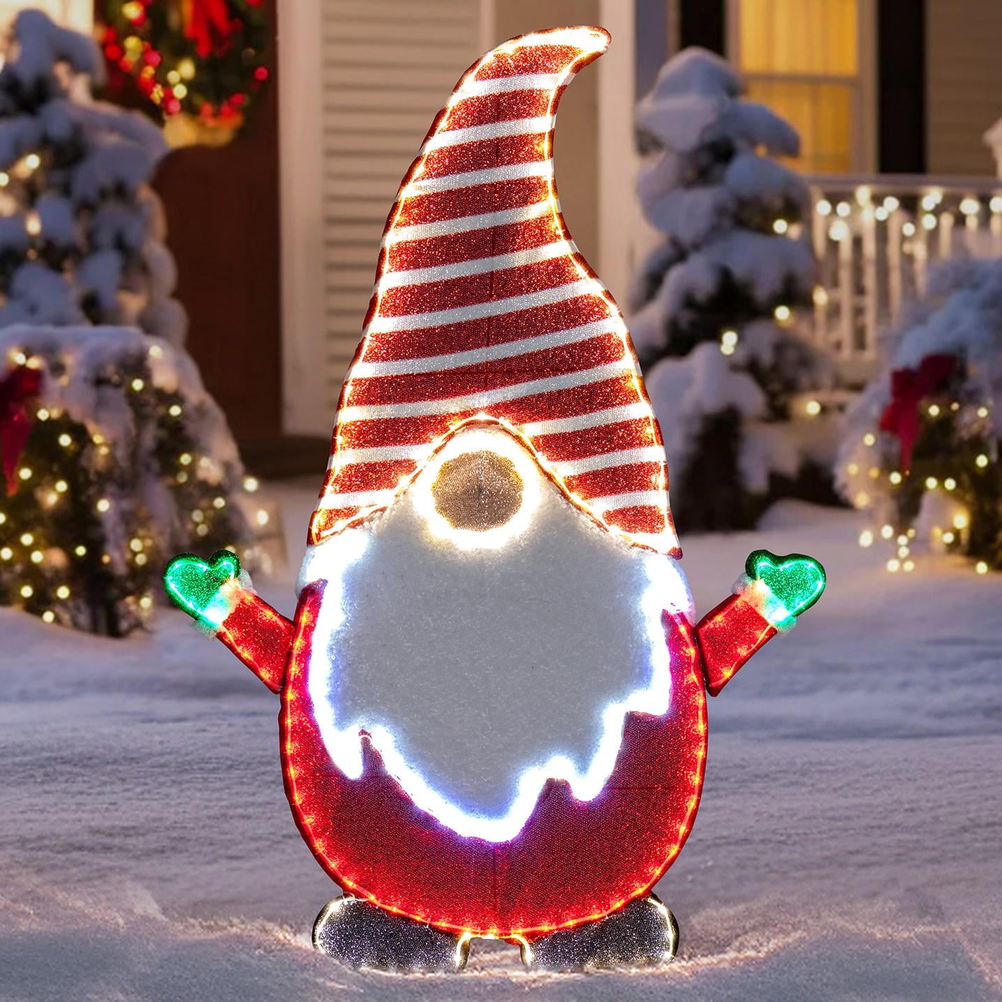 Sunjoy 48.4 in. Christmas Lighted Gnome, 2D Tinsel Santa Gnome Outdoor ...