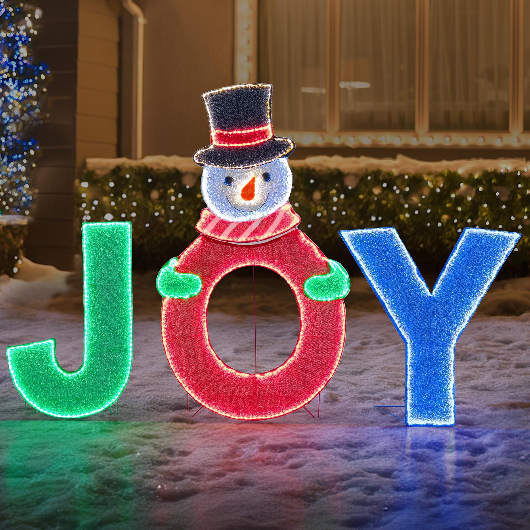 Sunjoy 48 Inch Christmas Lighted Joyous Snowman, 2D Tinsel Santa Joy ...