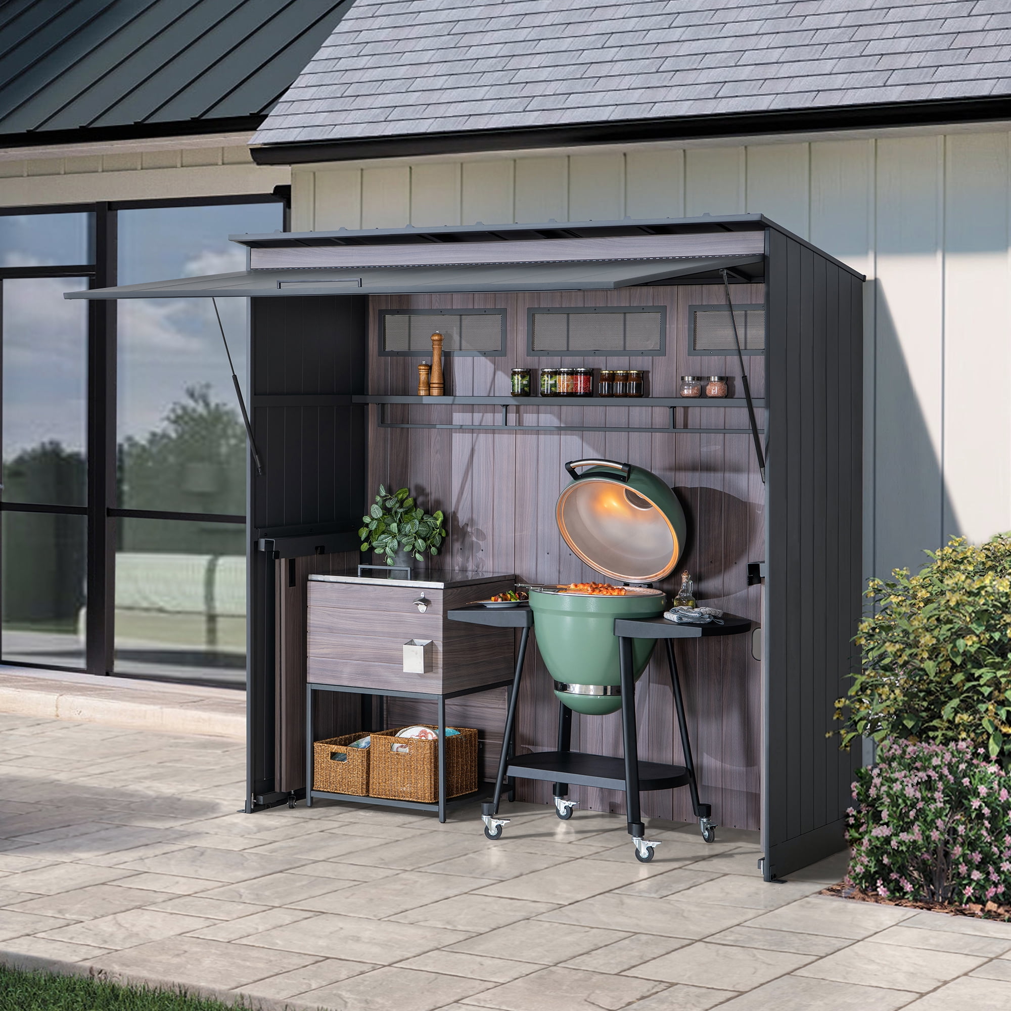 Sunjoy 7' x 3' wood grain Stylish Steel Outdoor Kitchen with Easy-Lift ...