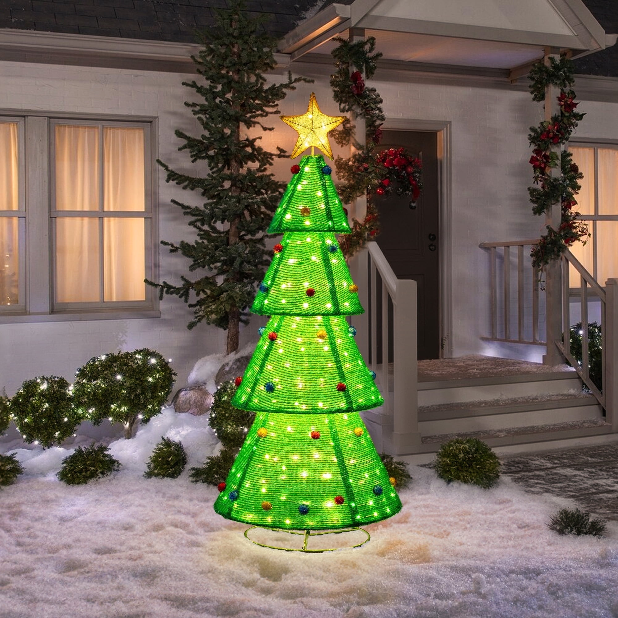Sunjoy 77 Inch Christmas Lighted Holiday Tree, 3D Tinsel Santa Holiday ...