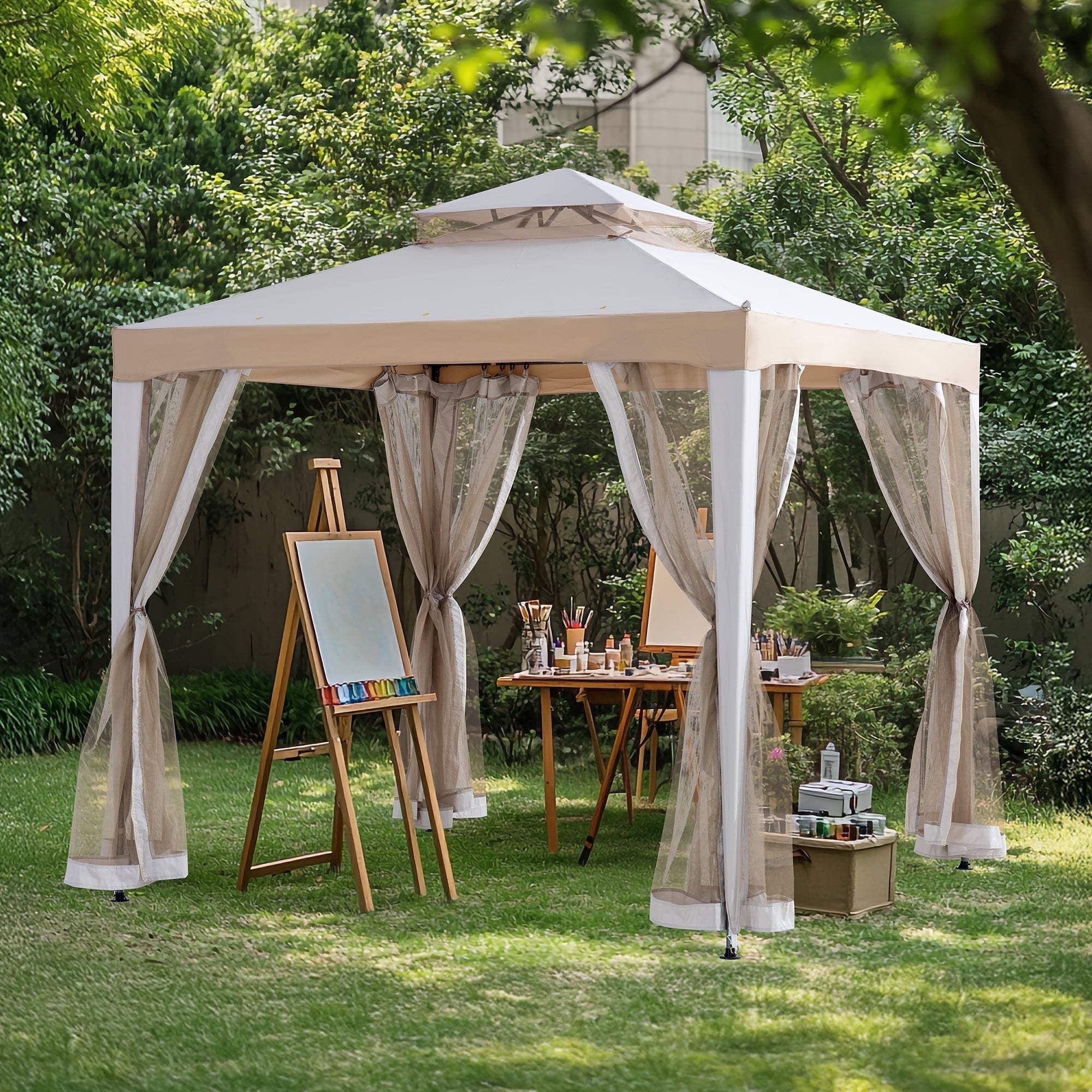 Sunjoy 8’ x 8’ Outdoor Patio Gazebo, 2-Tier Steel Frame Soft Top Small ...