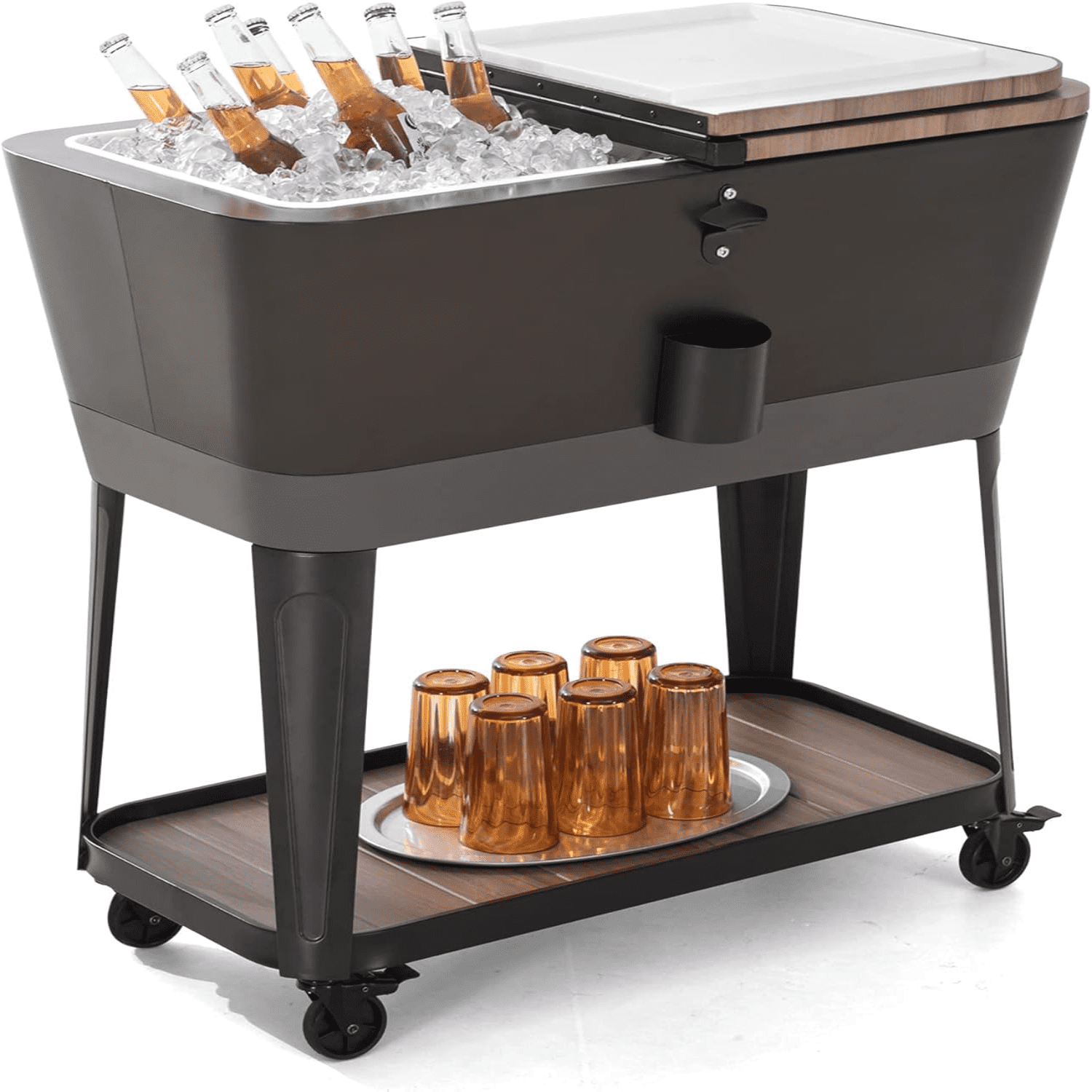 Sunjoy 80-Quart Wood Grain Finish Metal Rolling Ice Chest Cooler Cart ...