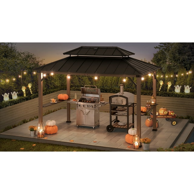 Sunjoy 8ft. x 12 ft. Churchill Cedar Framed Grill Gazebo with DC Solar ...