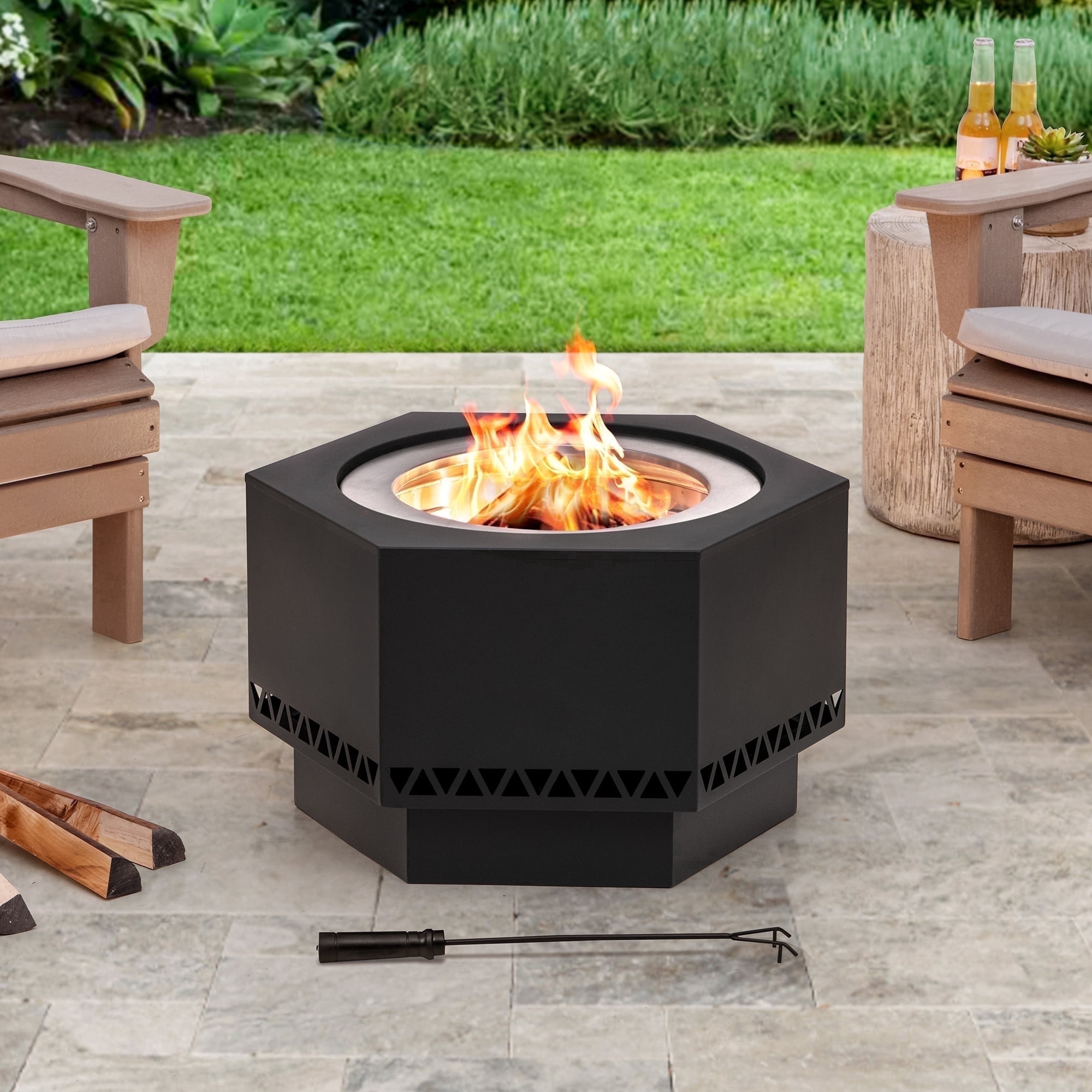Sunjoy Fire Pit Smokeless Outdoor Fire Pit, 28 in. Hexagonal, Black ...