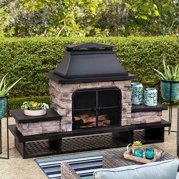 Sunjoy Emilio Outdoor Modern Wood Burning Fireplace for Deck or Porch ...