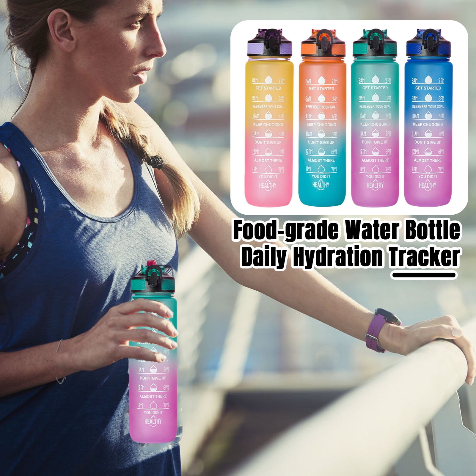Sunjoy Tech 1000ML Gradient Rainbow Water Bottle with Straw Time ...
