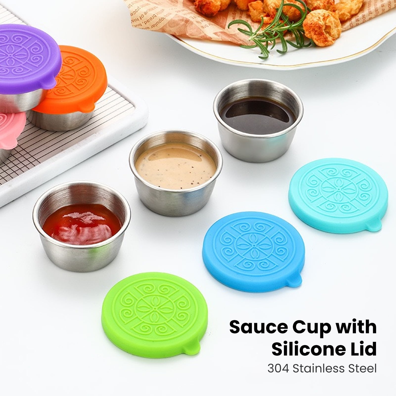 Sunjoy Tech 304 Stainless Steel Sauce Cup with Silicone Lid Leak Proof ...
