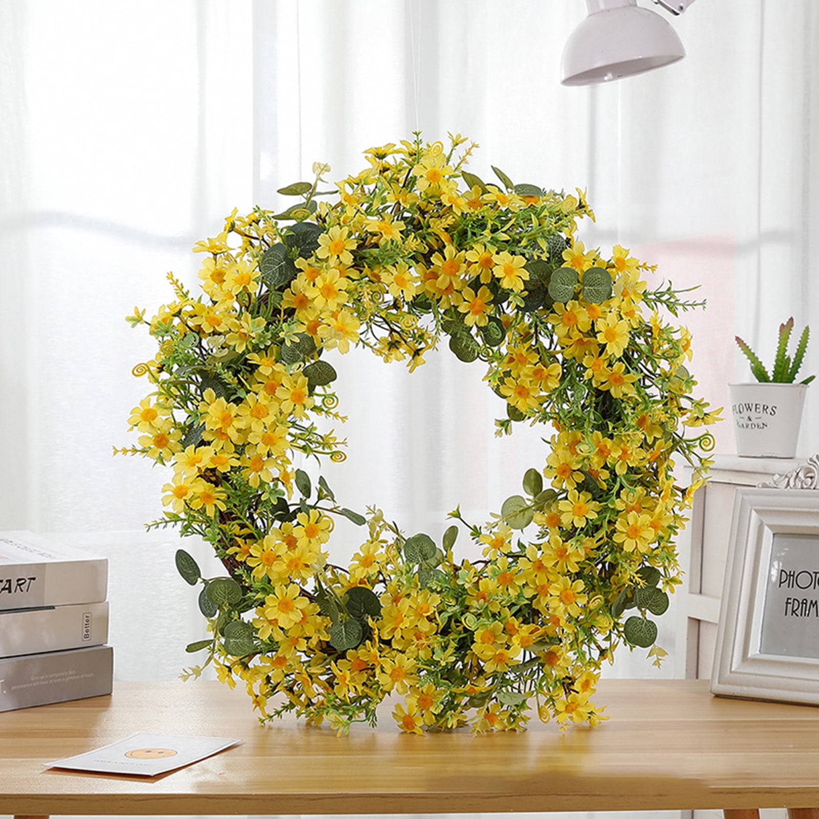 Sunjoy Tech Artificial Wreath Yellow Flowers Eucalyptus DIY Spring Wall ...