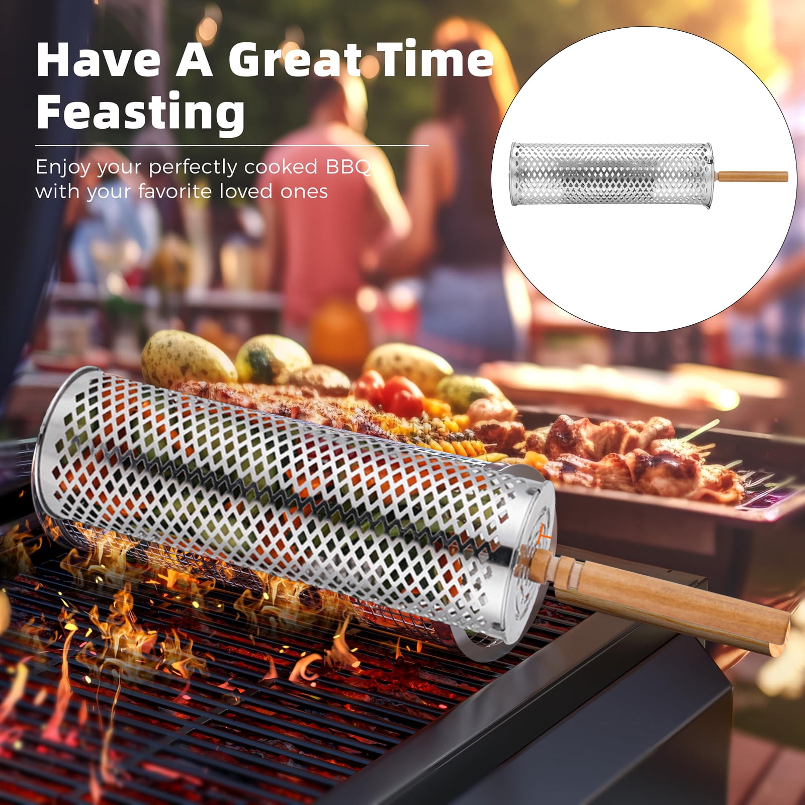 Sunjoy Tech BBQ Cage Rolling Grill Basket Kit with Handle Hooks Forks ...