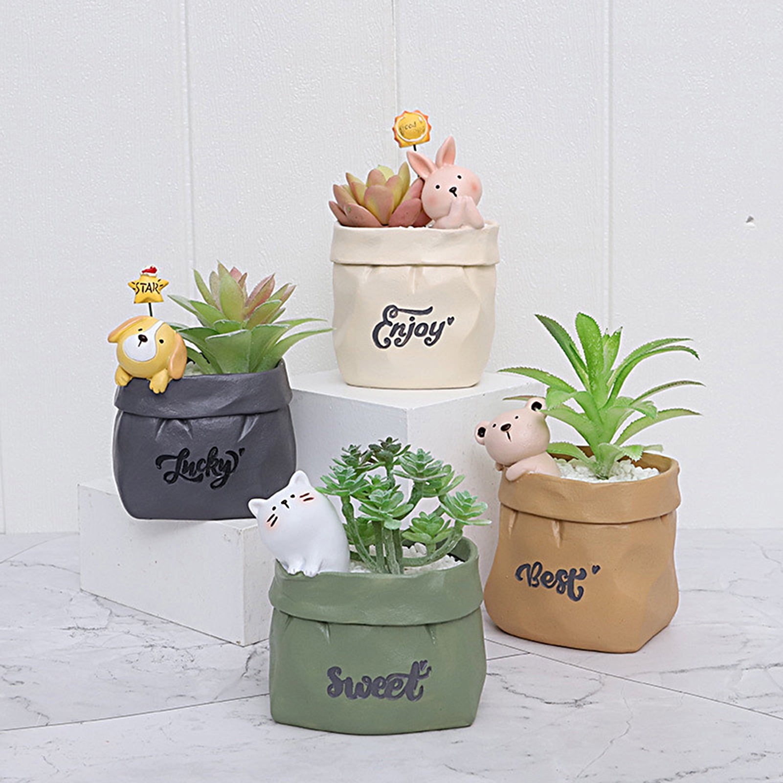 Sunjoy Tech Flower Pot Cartoon Vintage Imitation Paper Bag Style Resin ...