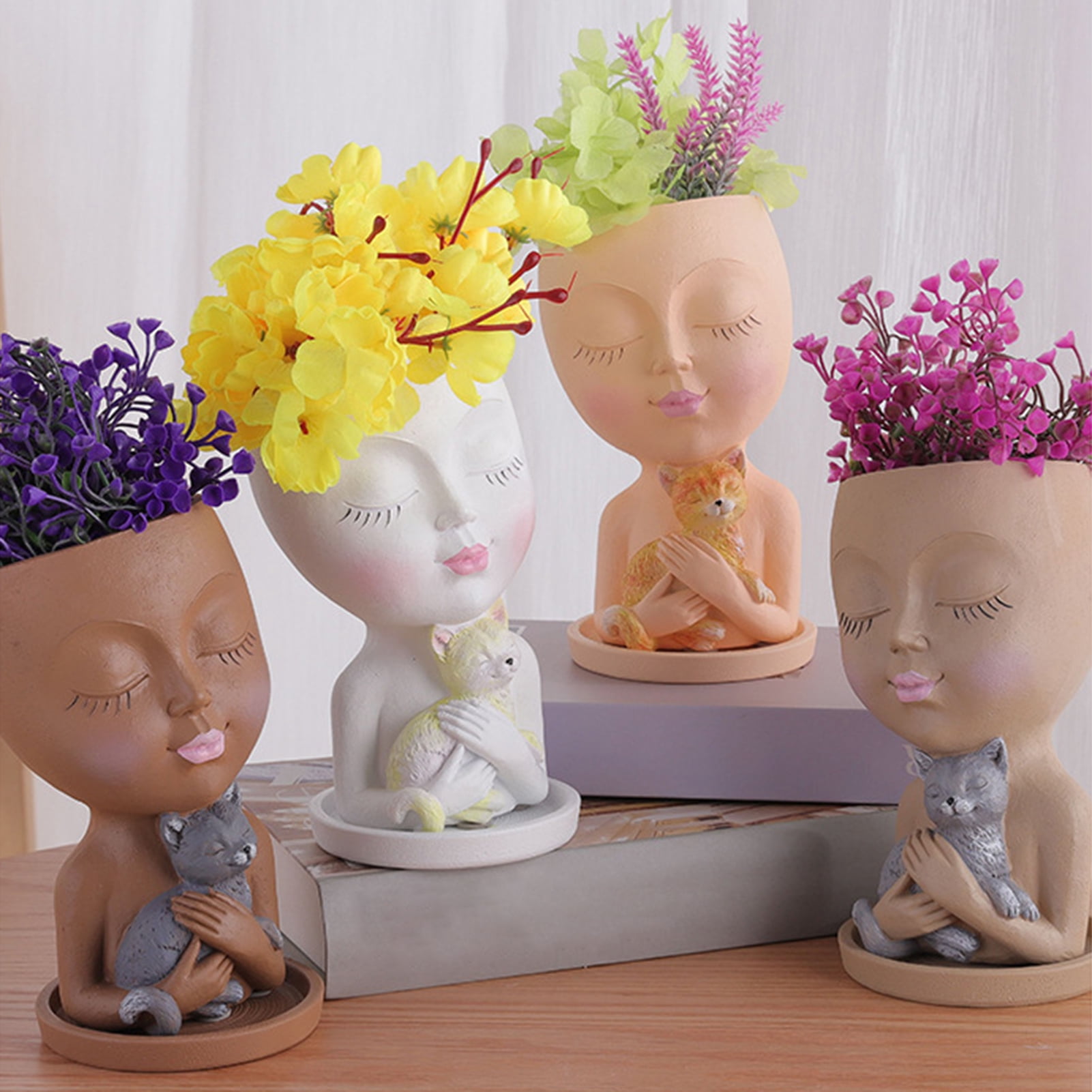 Sunjoy Tech Flowerpot Decorative Carved Nordic Style Girl Hug Cat Shape ...