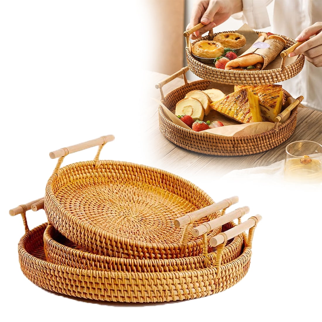 Sunjoy Tech Handmade Rattan Round Woven Basket, Round Serving Tray with ...
