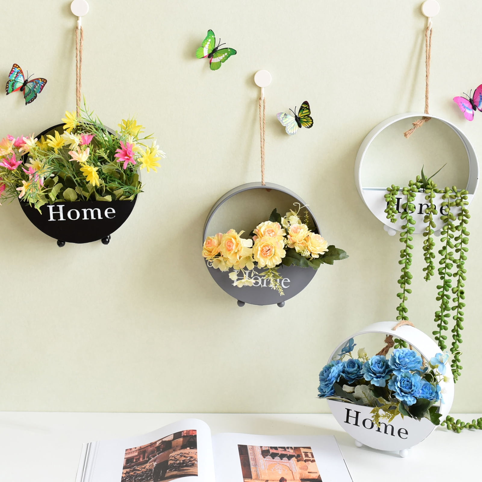 Sunjoy Tech Hanging Flower Pot Round Iron Art with Rope Heavy Duty ...