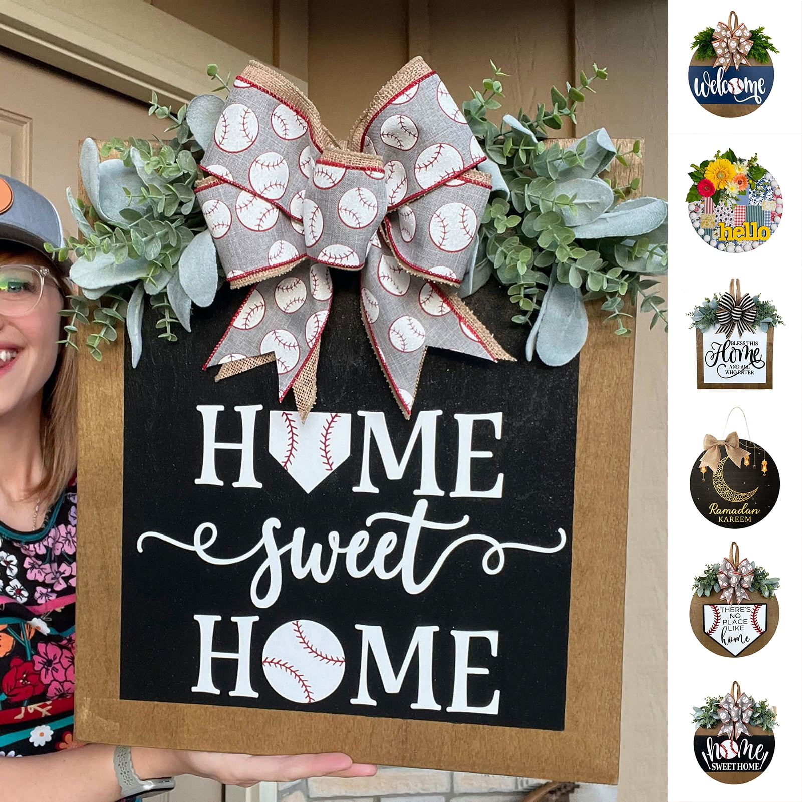 Sunjoy Tech Hanging Pendant Baseball Summer Wreath Rich Content Bow ...