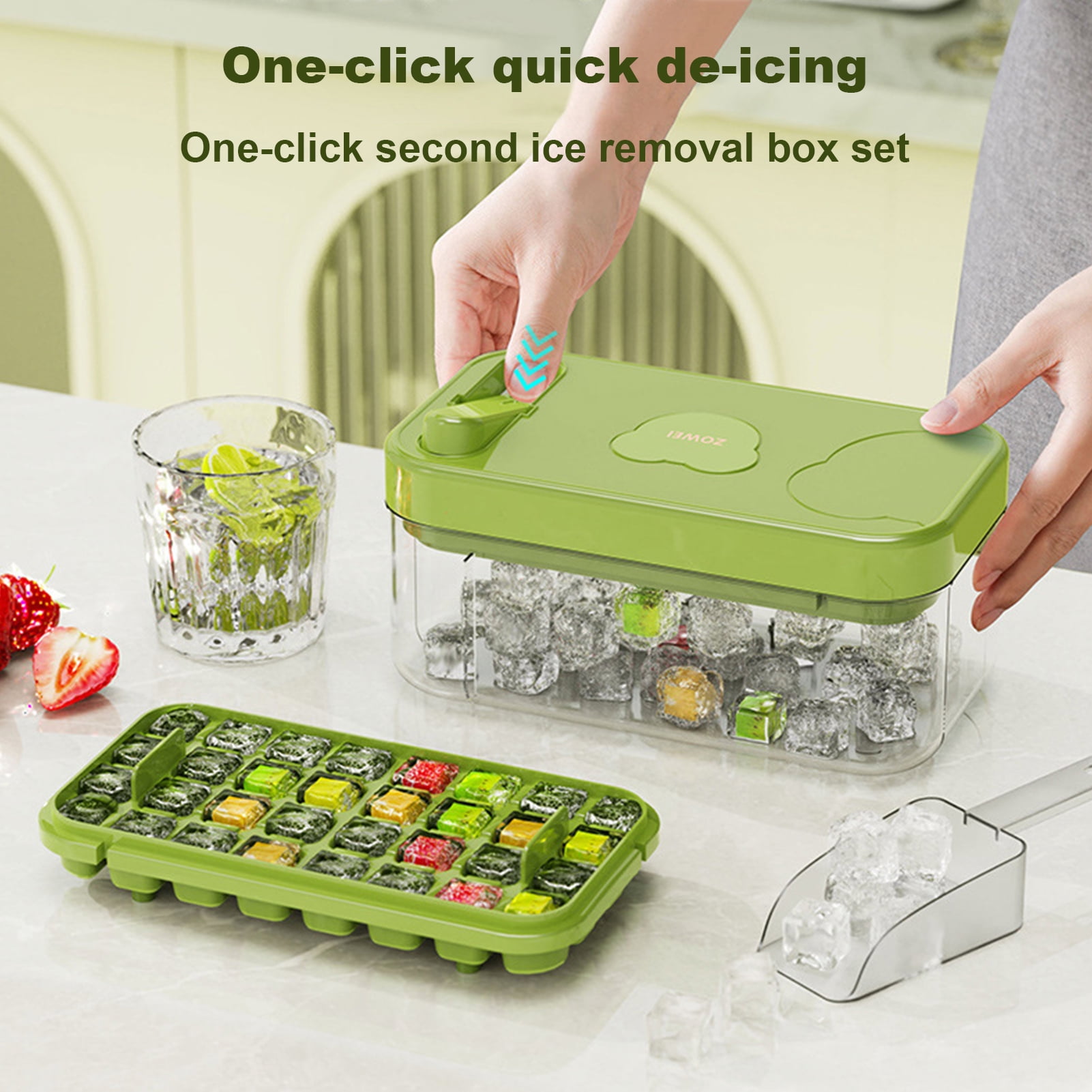 Sunjoy Tech Ice Cube Tray with Lid Bin Scoop Freezer Ice Cube Maker Non ...