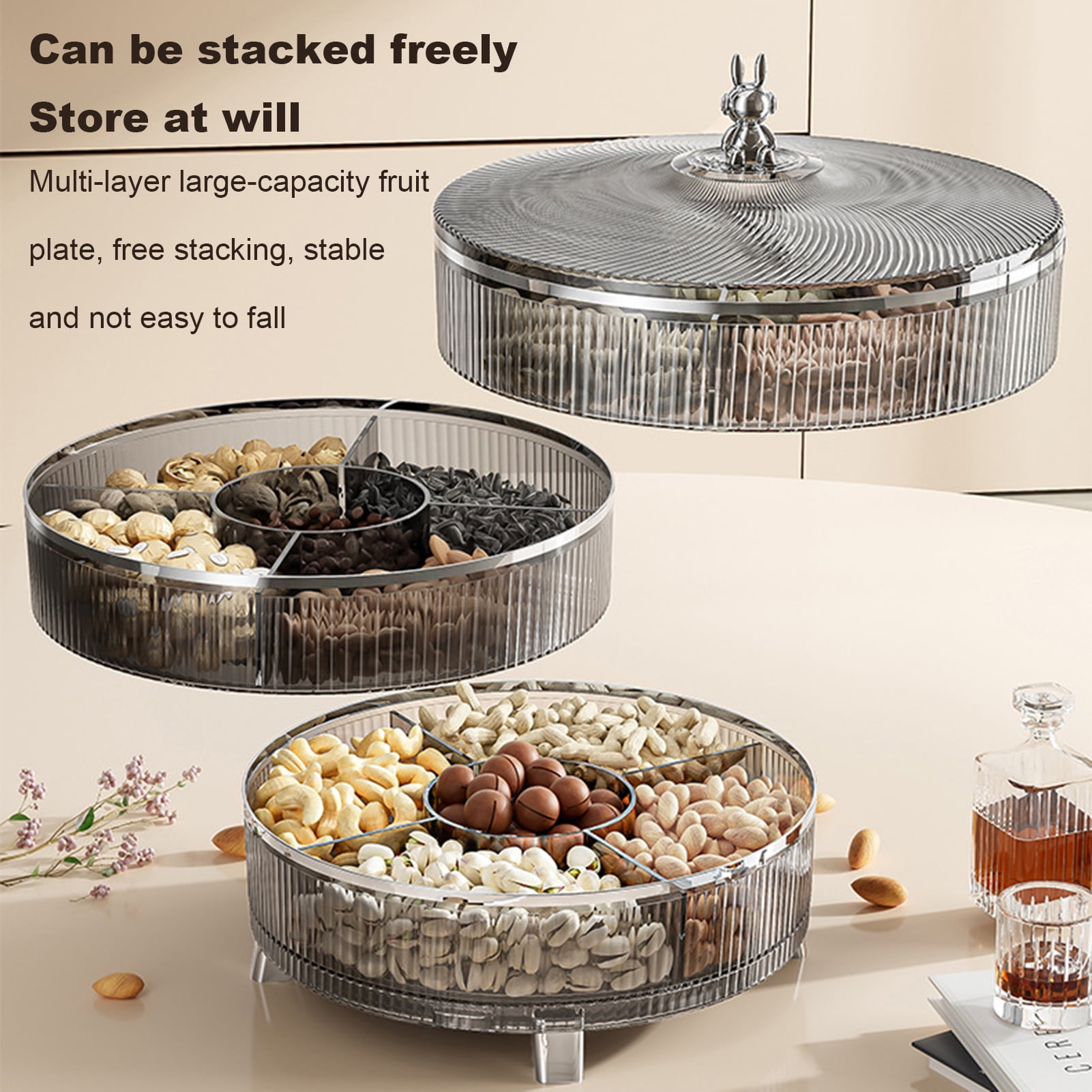 Sunjoy Tech Triple Layer Divided Nut Serving Tray with Lid 360-degree ...
