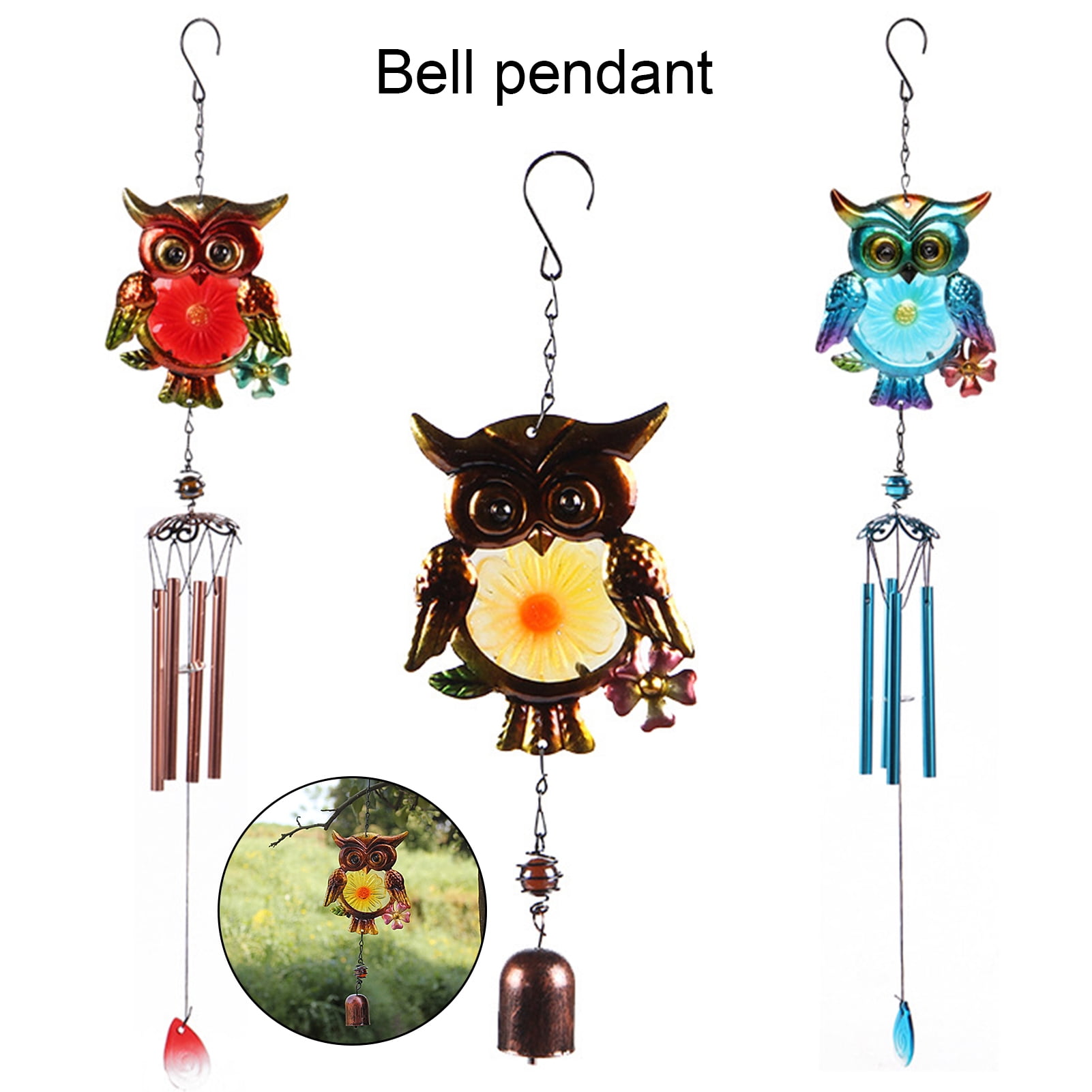 Sunjoy Tech Wind Chime Glass Owl Shape Bright Color Handmade Bird Wind ...