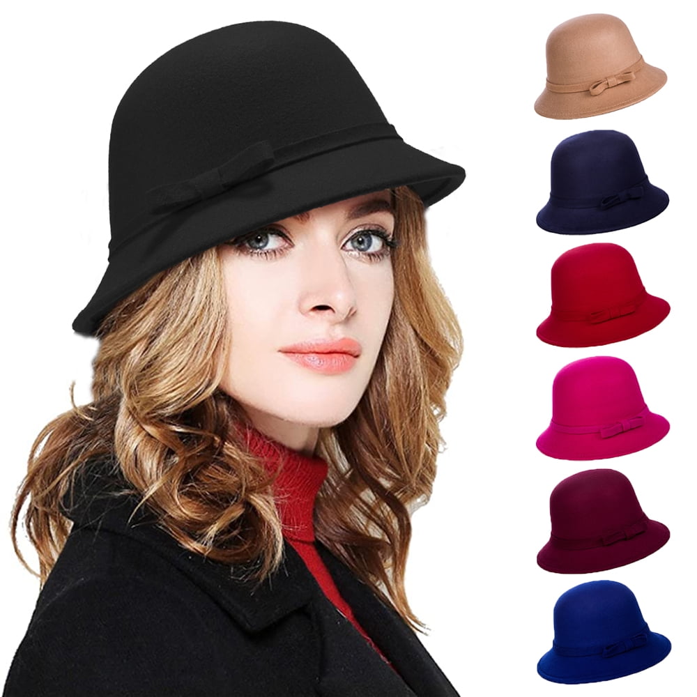 Sunjoy Tech Women Solid Color Winter Hat Autumn Wool Cloche Bucket Cap with Bow Bowler Hat ...
