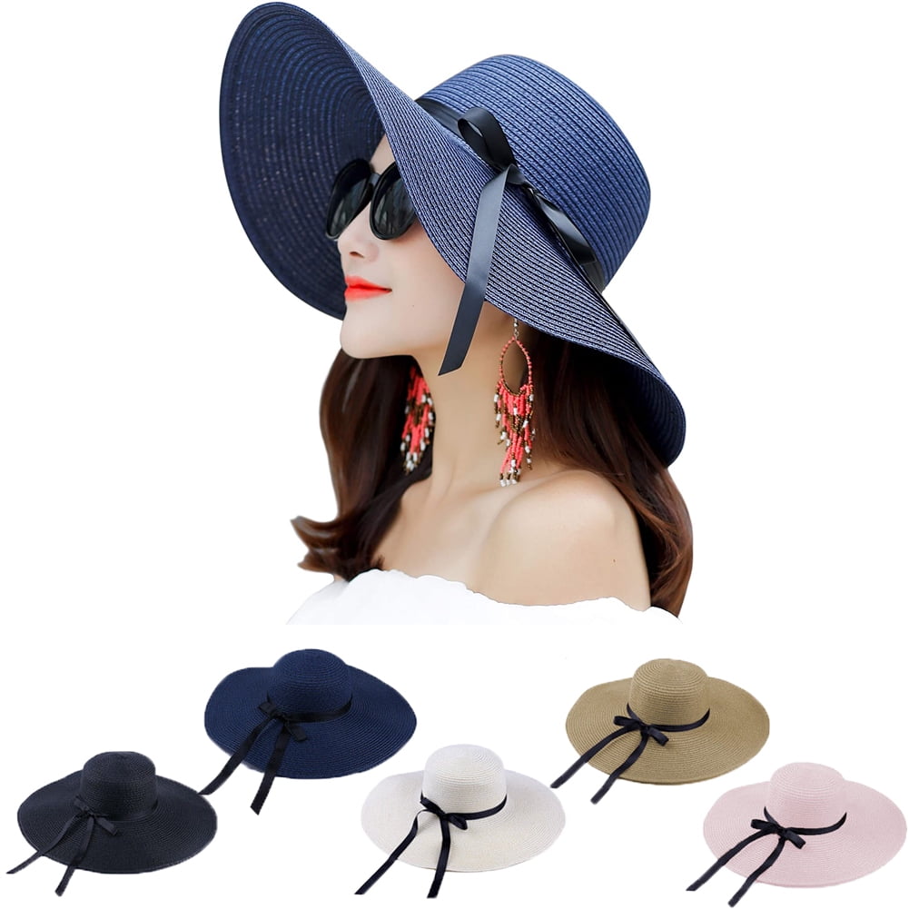 Sunjoy Tech Womens Wide Brim Straw Sun Hat Floppy Foldable Roll Up