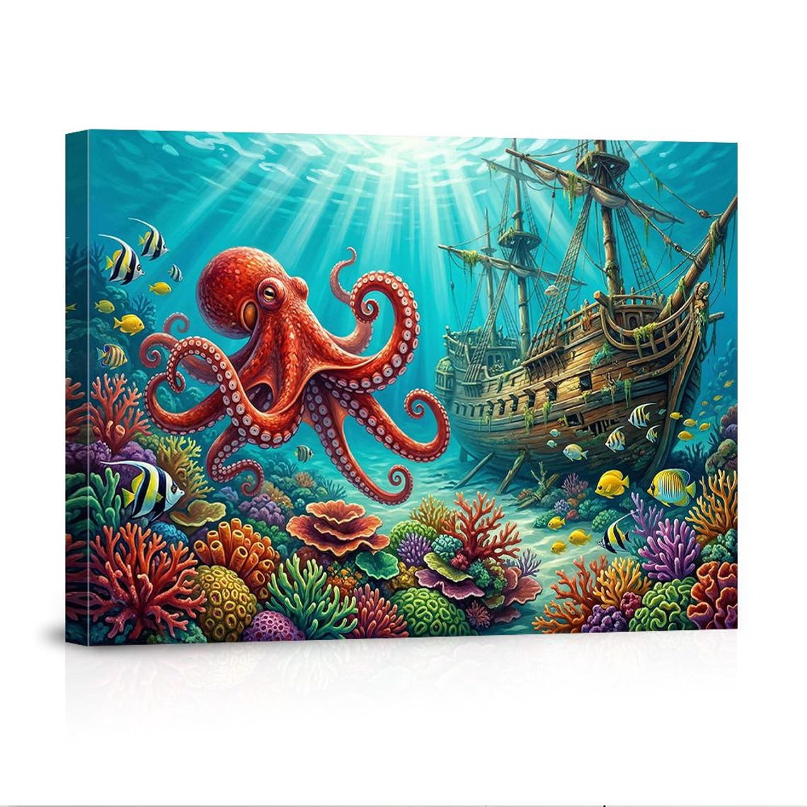 Sunken Shipwreck Vibrant Coral Reef Whimsical Octopus Ocean Undersea ...