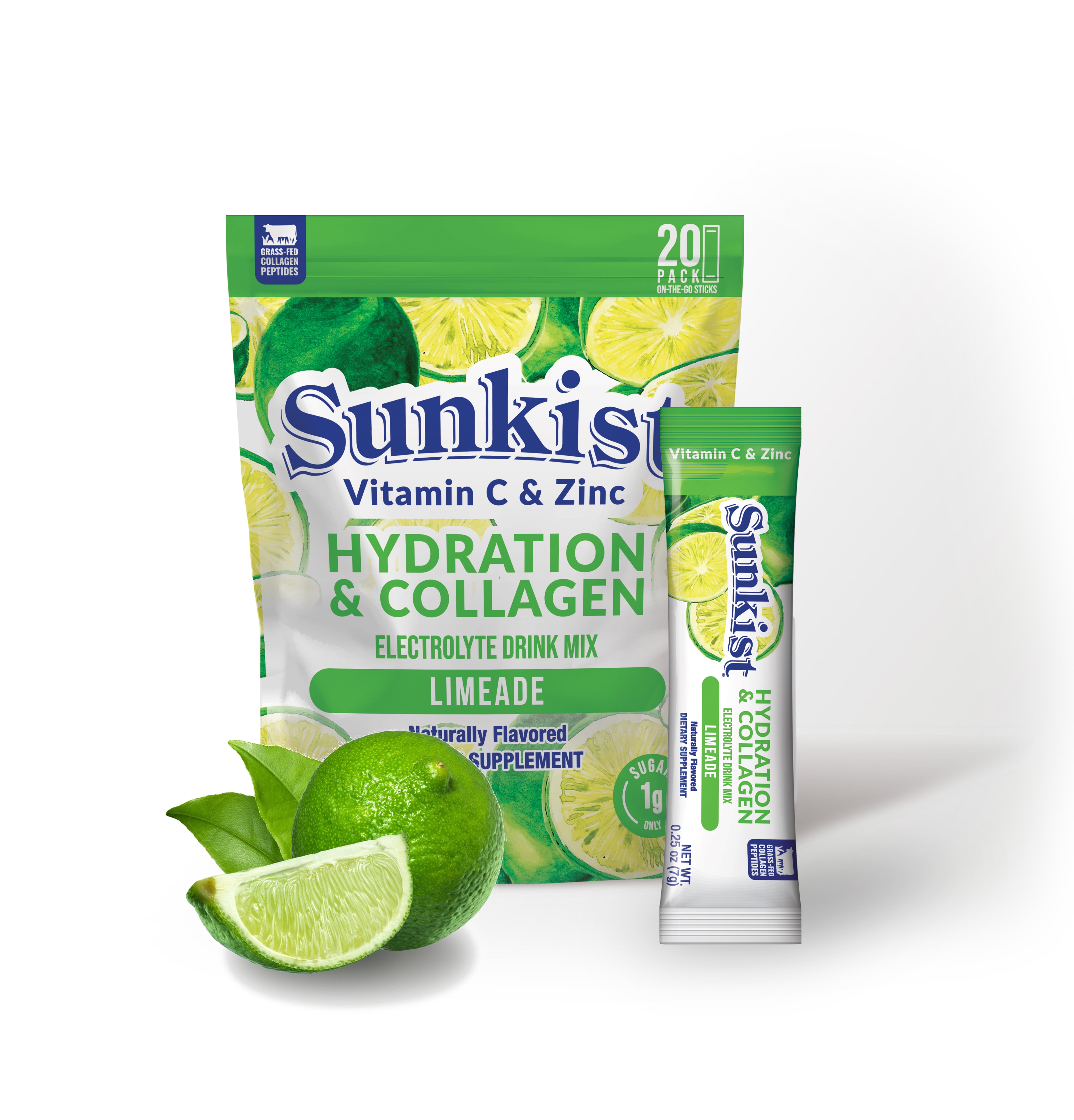 Sunkist Collagen + Hydration Powder, Limeade Drink Mix (Pack of 20 ...