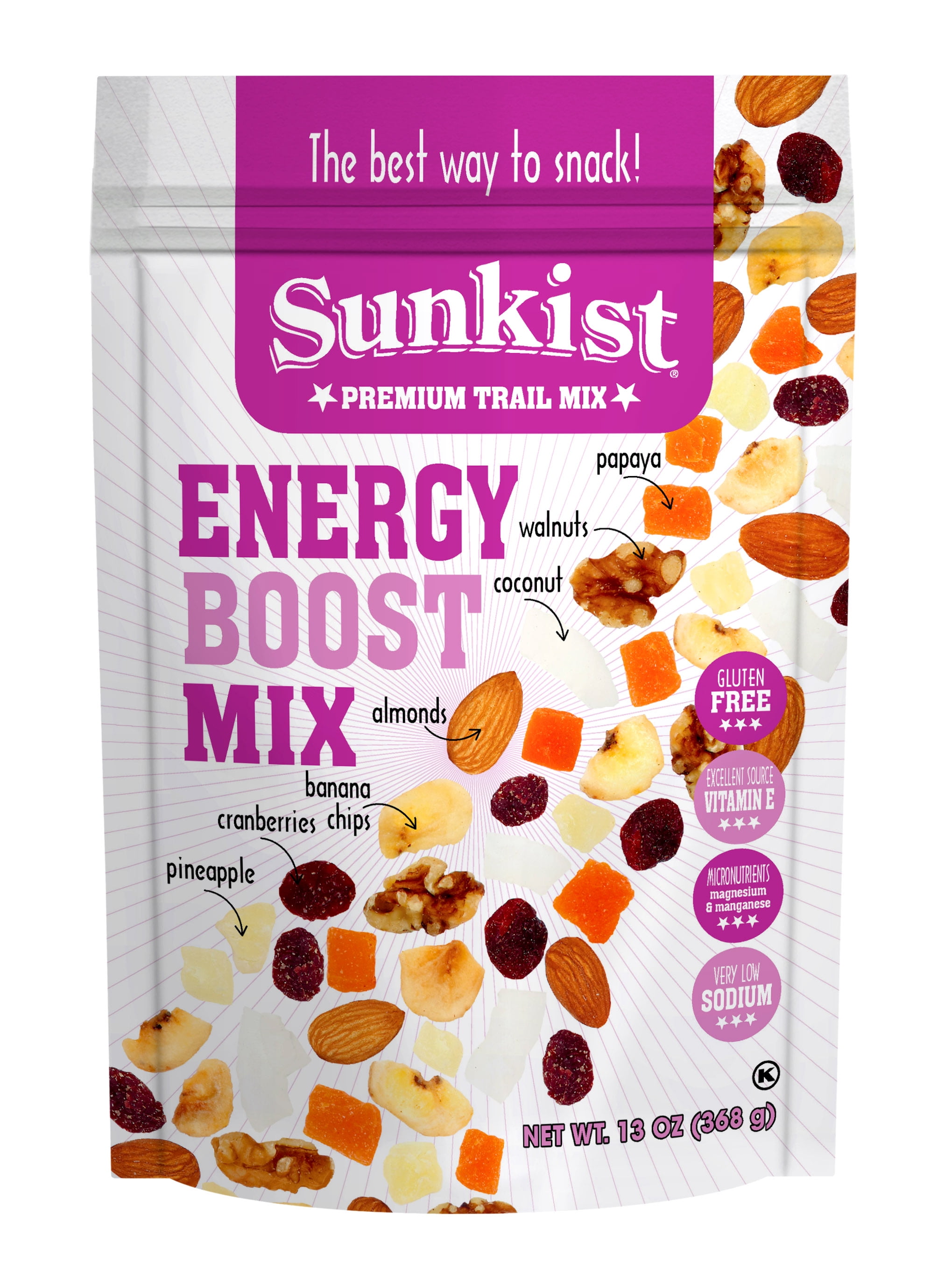 Sunkist Energy Boost Trail Mix, 13 oz, Nuts and Dried Fruits, Vitamin E ...