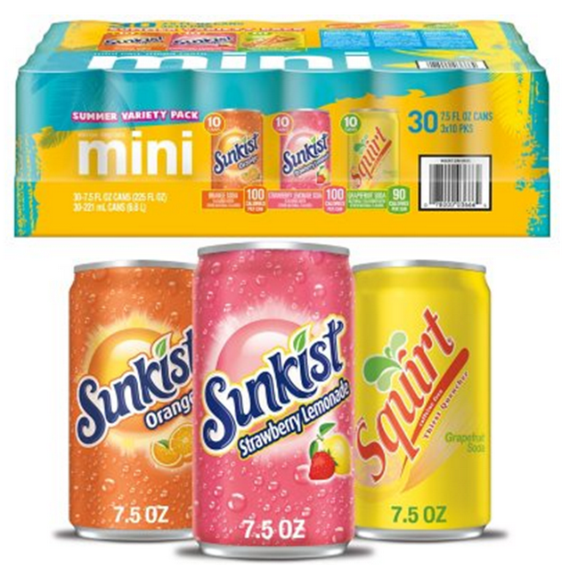 Sunkist Mini Cans 7.5oz Variety Pack 3 Flavors Orange, Strawberry Lemonade, Squirt (Pack of 30 ...