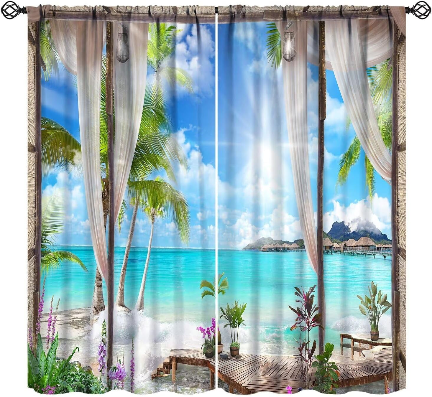 Sunlight Beach Blackout Curtains Tropical Ocean Sea Island Palm Tree ...