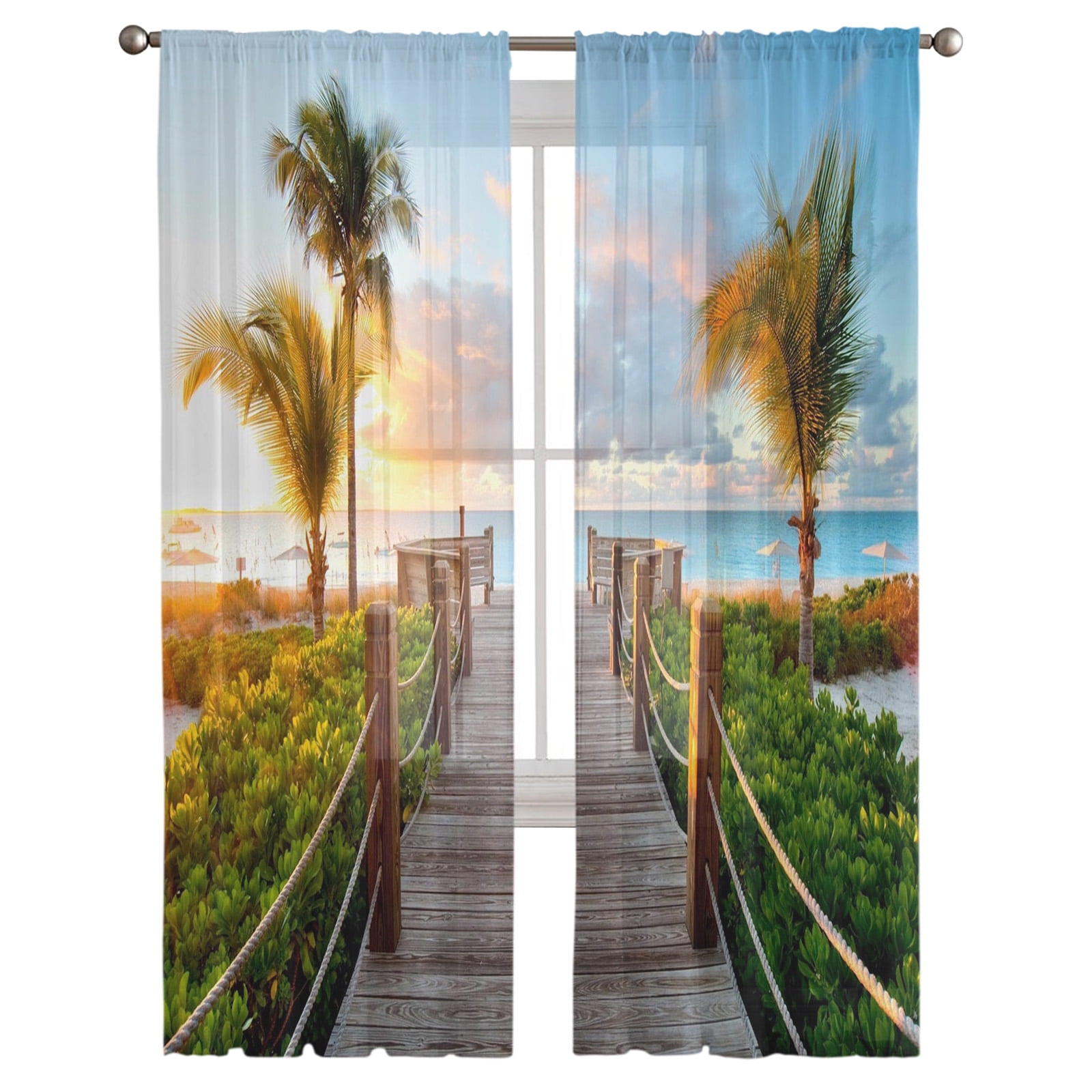 Sunlight Beach Single Tree Bridge Coconut Tree Sheer Curtains for ...