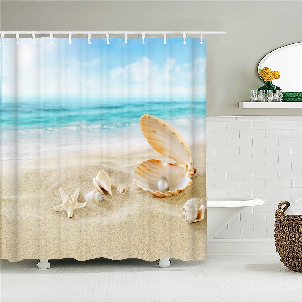 Sunlight Ocean Beach Fabric Shower Curtain Bathroom Curtains Sea Shell ...