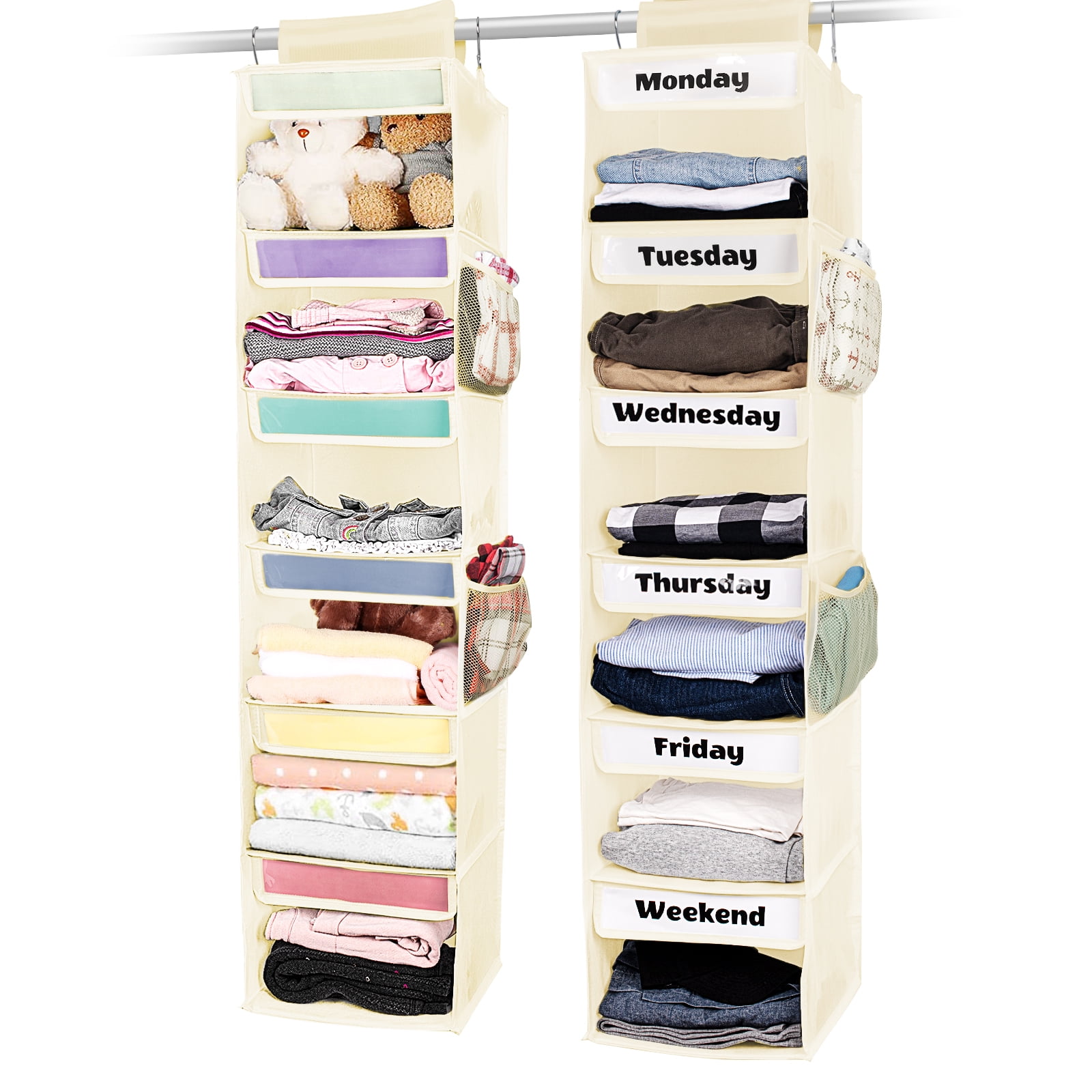 Sunlit 6-Shelf Weekly Clothes Organizer Set of 2, Hanging Closet ...