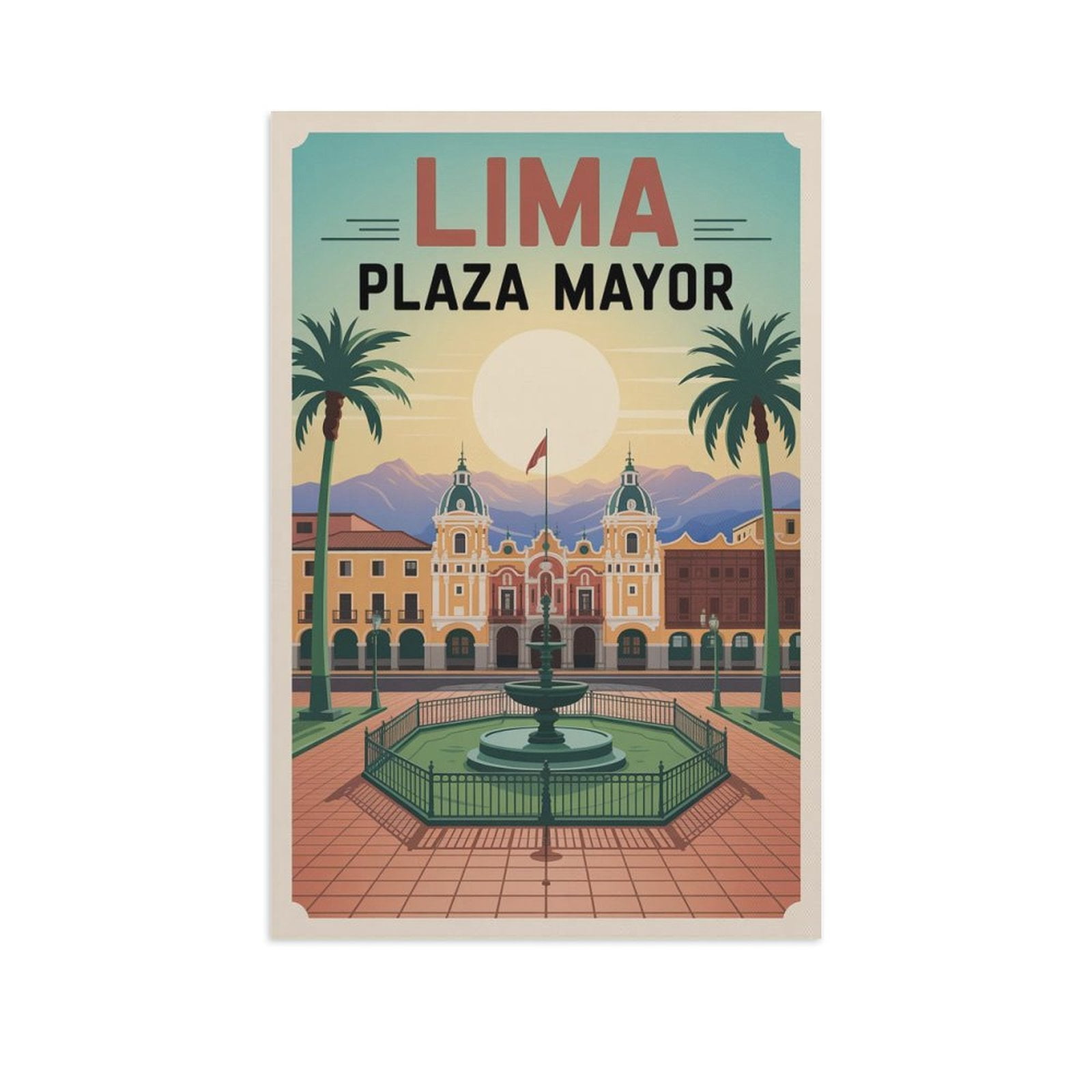 Sunlit Architecture Wall Art Plaza Mayor Peru Retro Travel Poster Lima ...