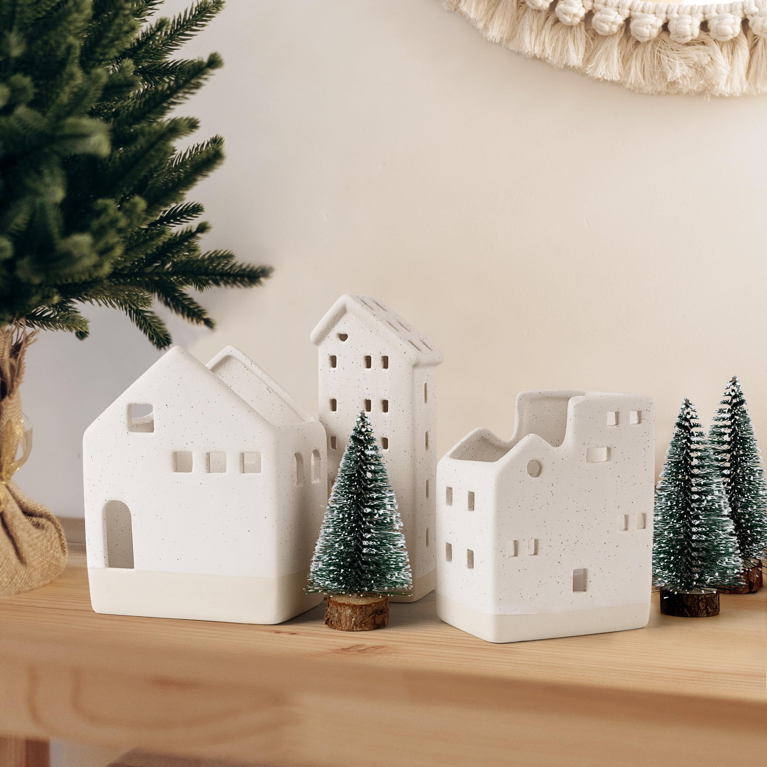 Sunlit Ceramic Christmas Village Sets of 3 Houses with 3 Tea Lights & 3 ...